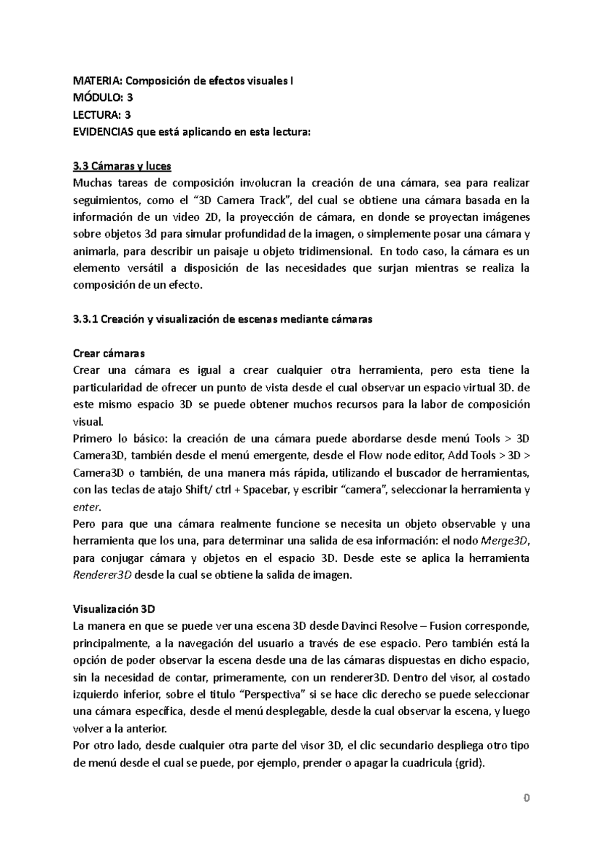 3-3 Camaras y Luces.docx - MATERIA: Composición de efectos visuales I MÓDULO: 3 LECTURA: 3 - Studocu