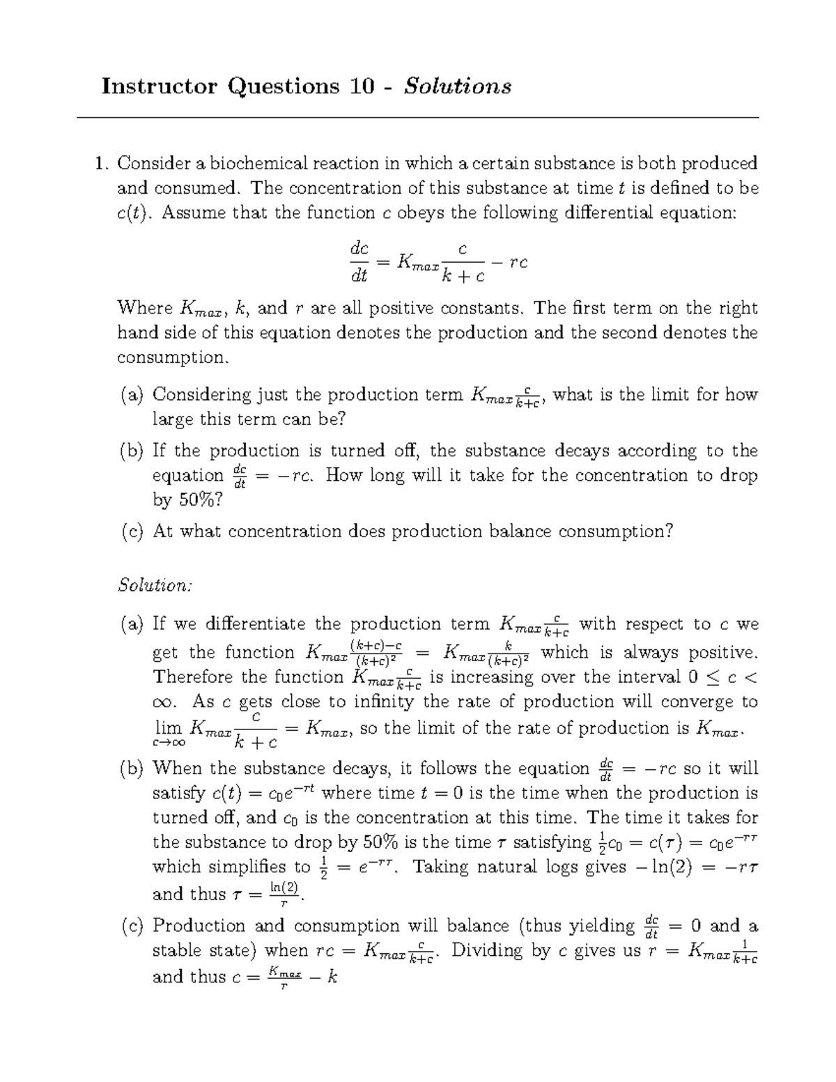 Instructor Question 10 Answer Key - Instructor Questions 10 - Solutions Consider a biochemical ...