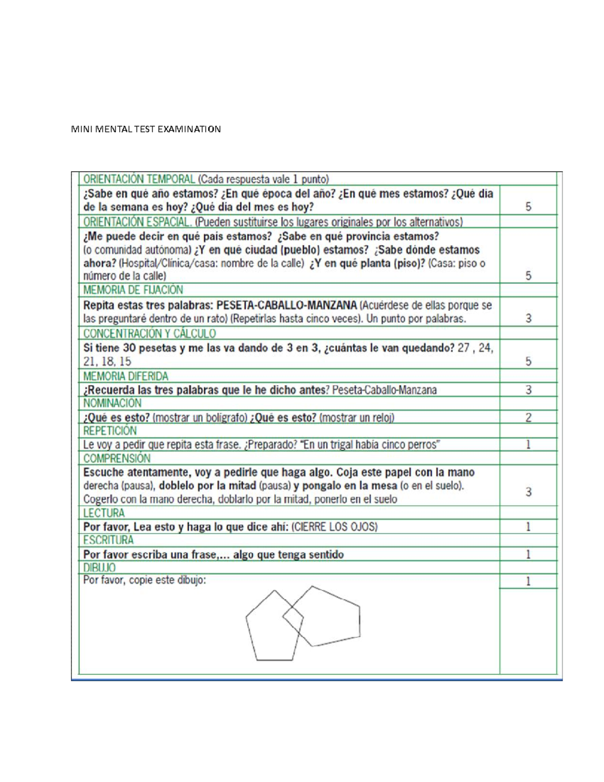 MINI Mental TEST Examination - NEUROLOGIA - MINI MENTAL TEST ...