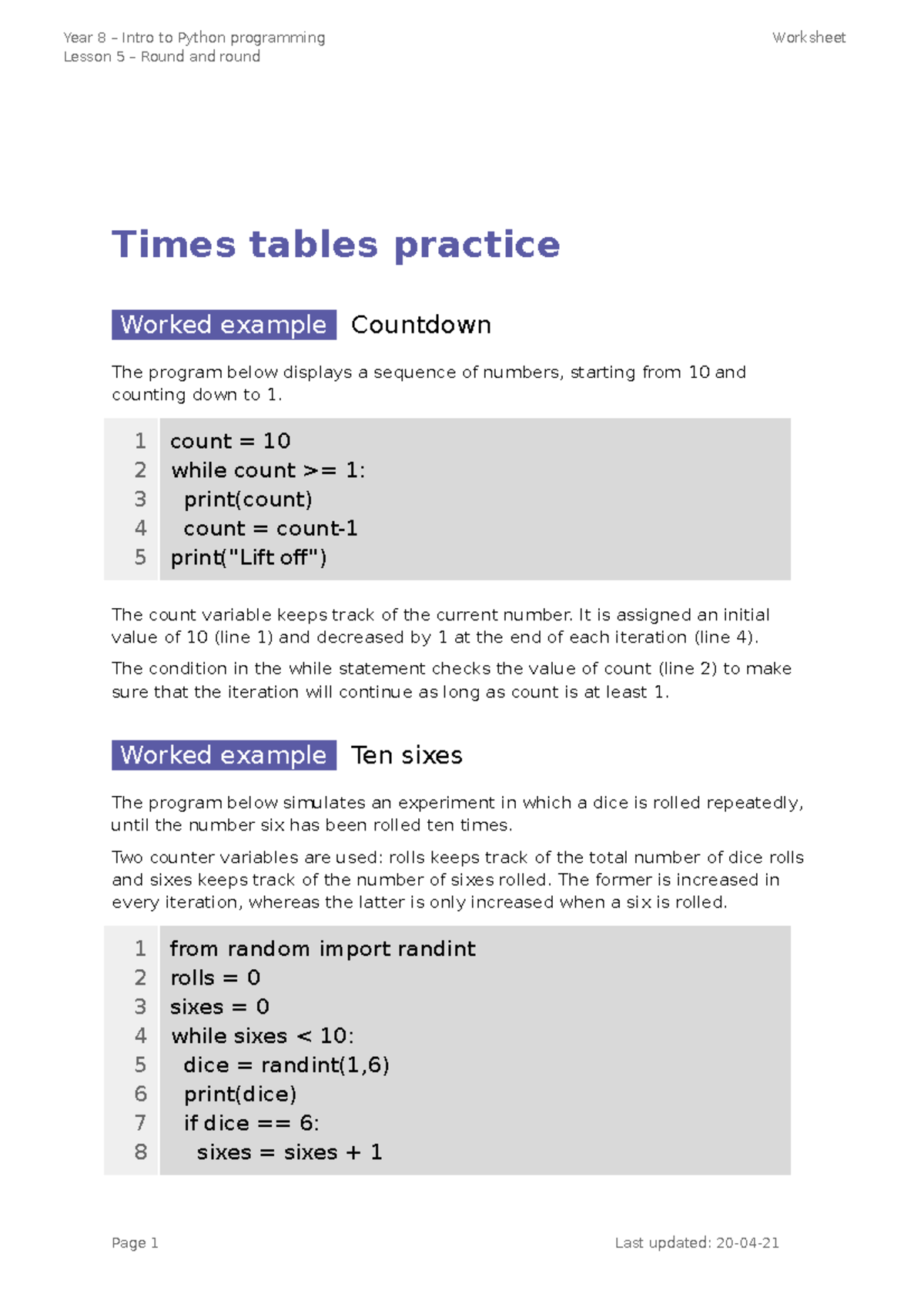 A2 Worksheet Times tables practice - Year 8 – Intro to Python programming Lesson 5 – Round and ...