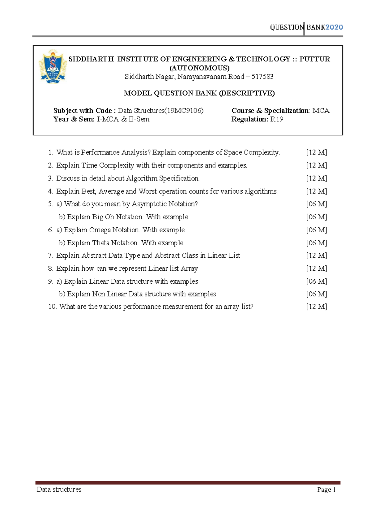 19MC9106 - Data Structure - SIDDHARTH INSTITUTE OF ENGINEERING ...