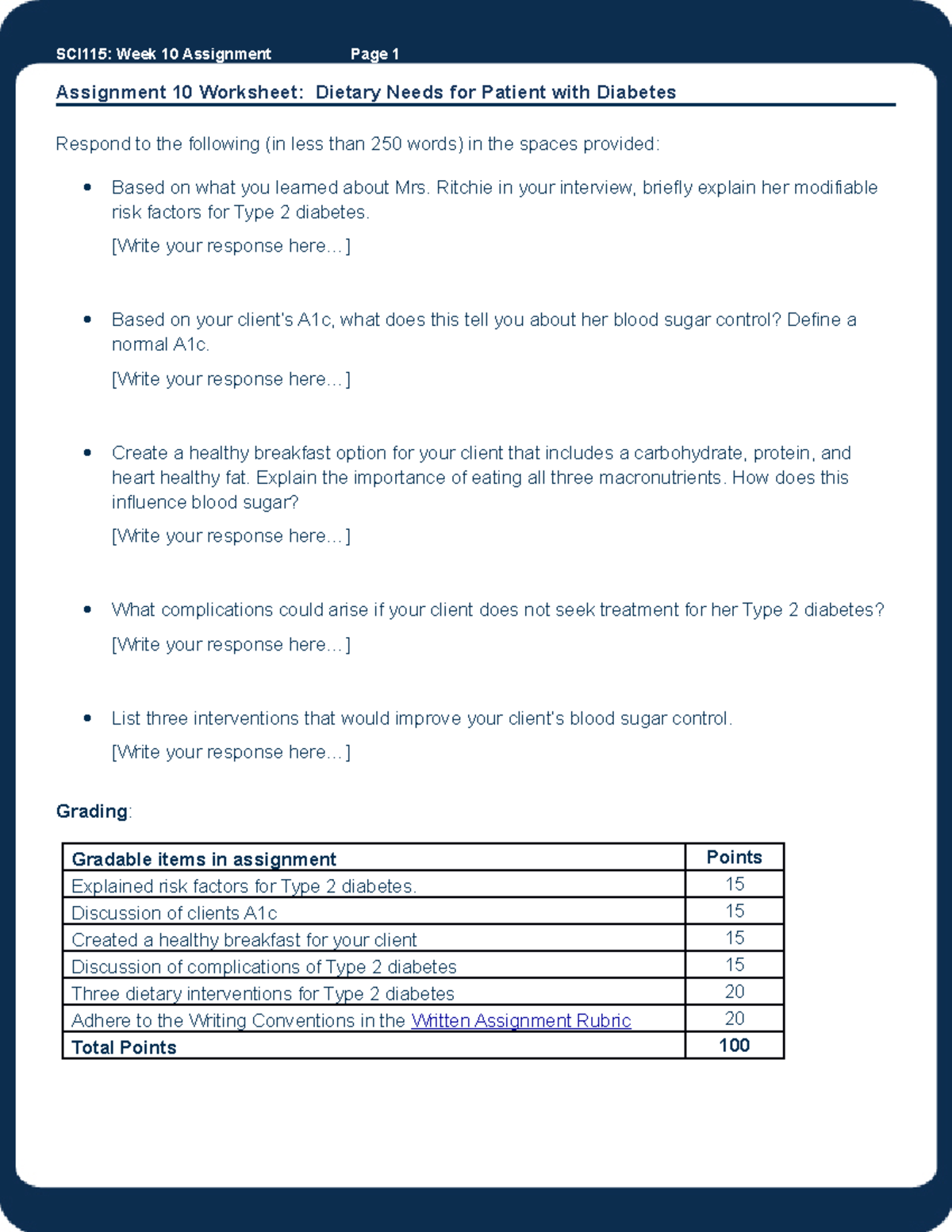 SCI115 H Wk10 Assignment Worksheet - SCI115: Week 10 Assignment Page 1 Assignment 10 Worksheet ...