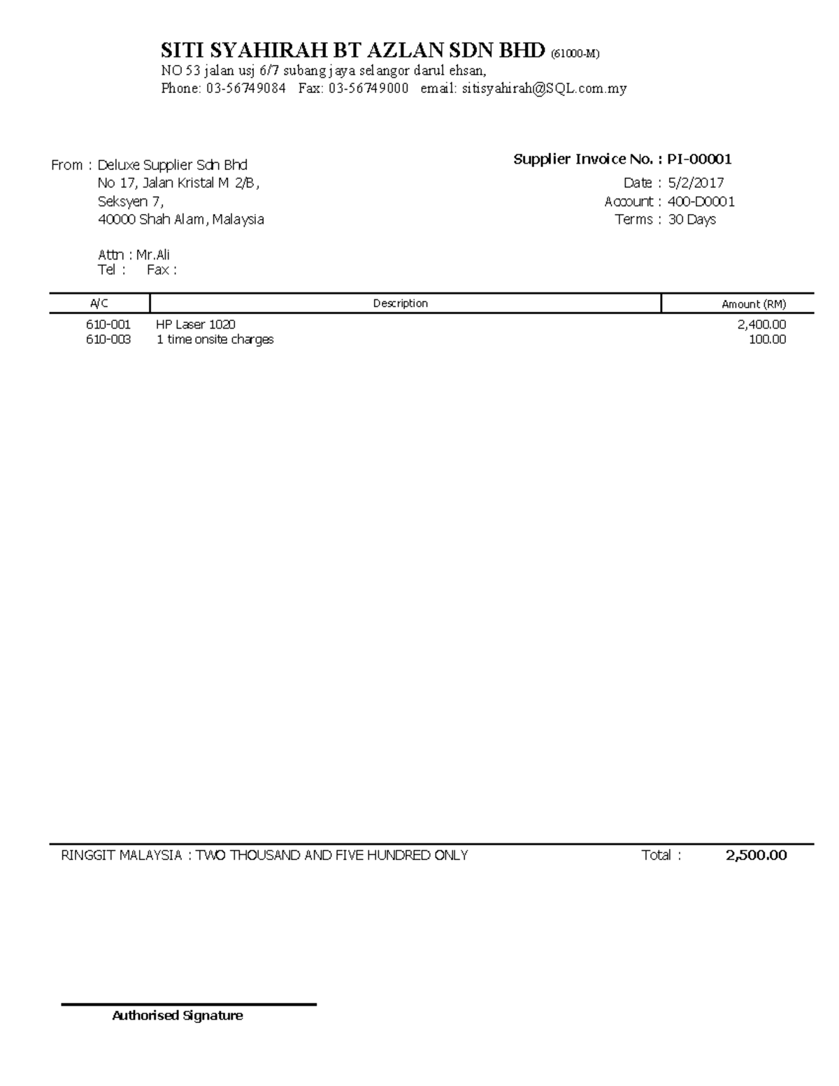 Supp Invoice AIS615 - SITI SYAHIRAH BT AZLAN SDN BHD (61000-M) NO 53 ...