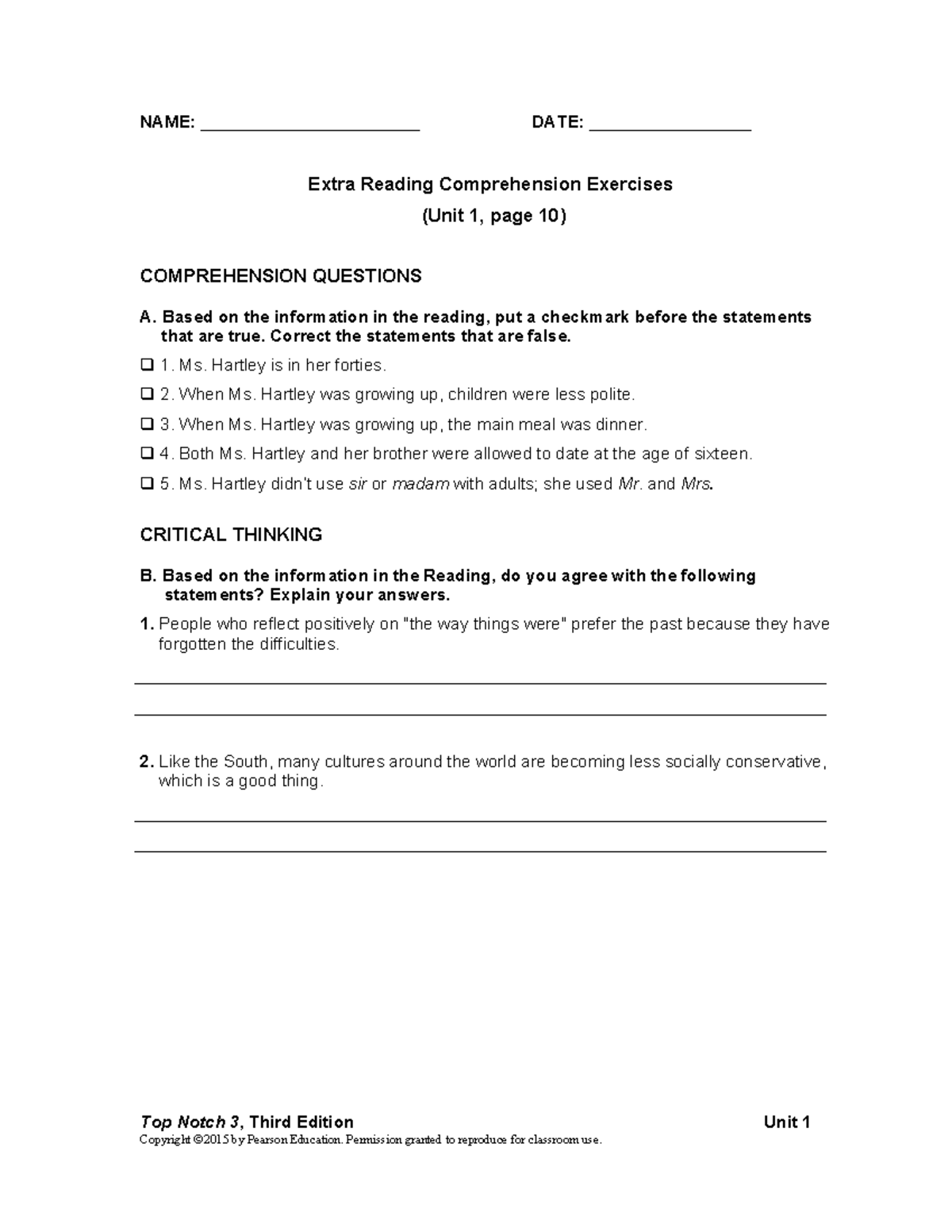 UNIT 01 P10 Etiquette - NAME: DATE: **鈀 鈀 鈀 ** Extra Reading ...