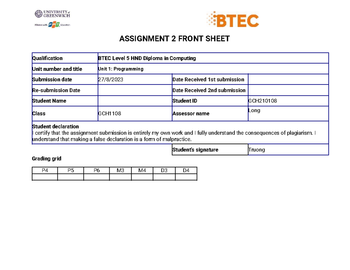 Trinh Duy Truong GCH210108 Unit 1 - Assignment 2 - ASSIGNMENT 2 FRONT SHEET Qualification BTEC ...
