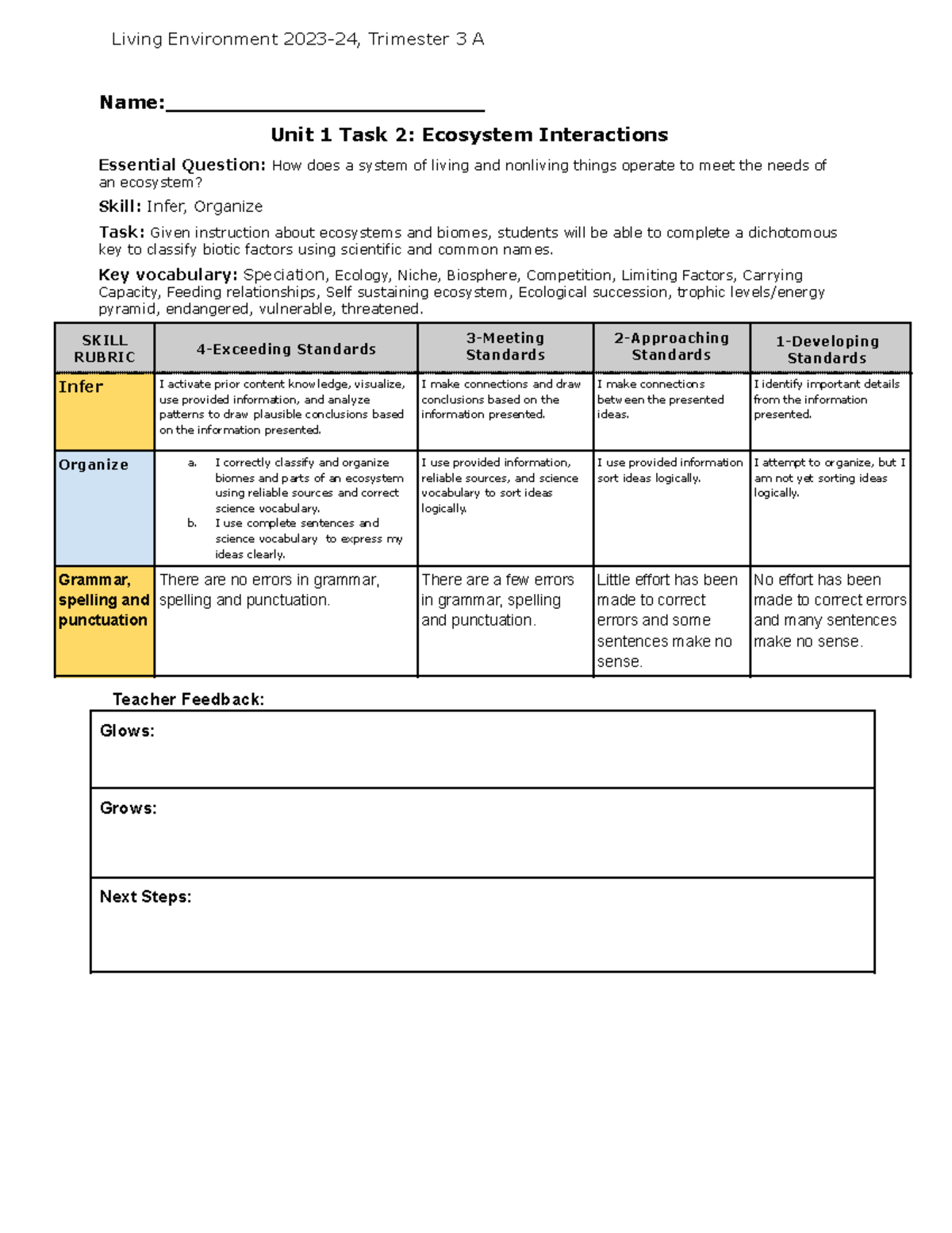 Tri 3 Unit 1 Task 2A Ecosystem Interactions - Living Environment 2023 ...