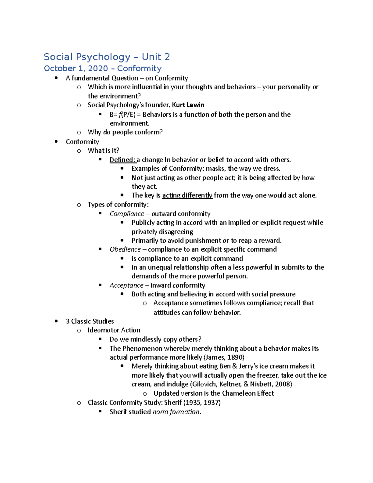 Social Psychology - Unit 2 - Social Psychology – Unit 2 October 1, 2020 ...