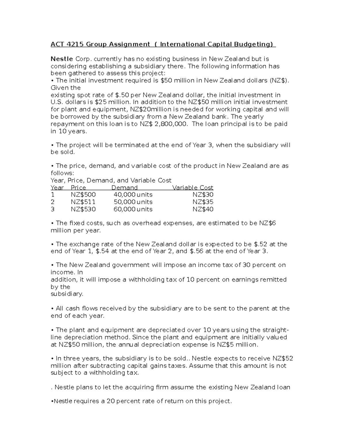 Group Project- Multinational Capital Budgeting Analysis - ACT 4215 Group Assignment ...