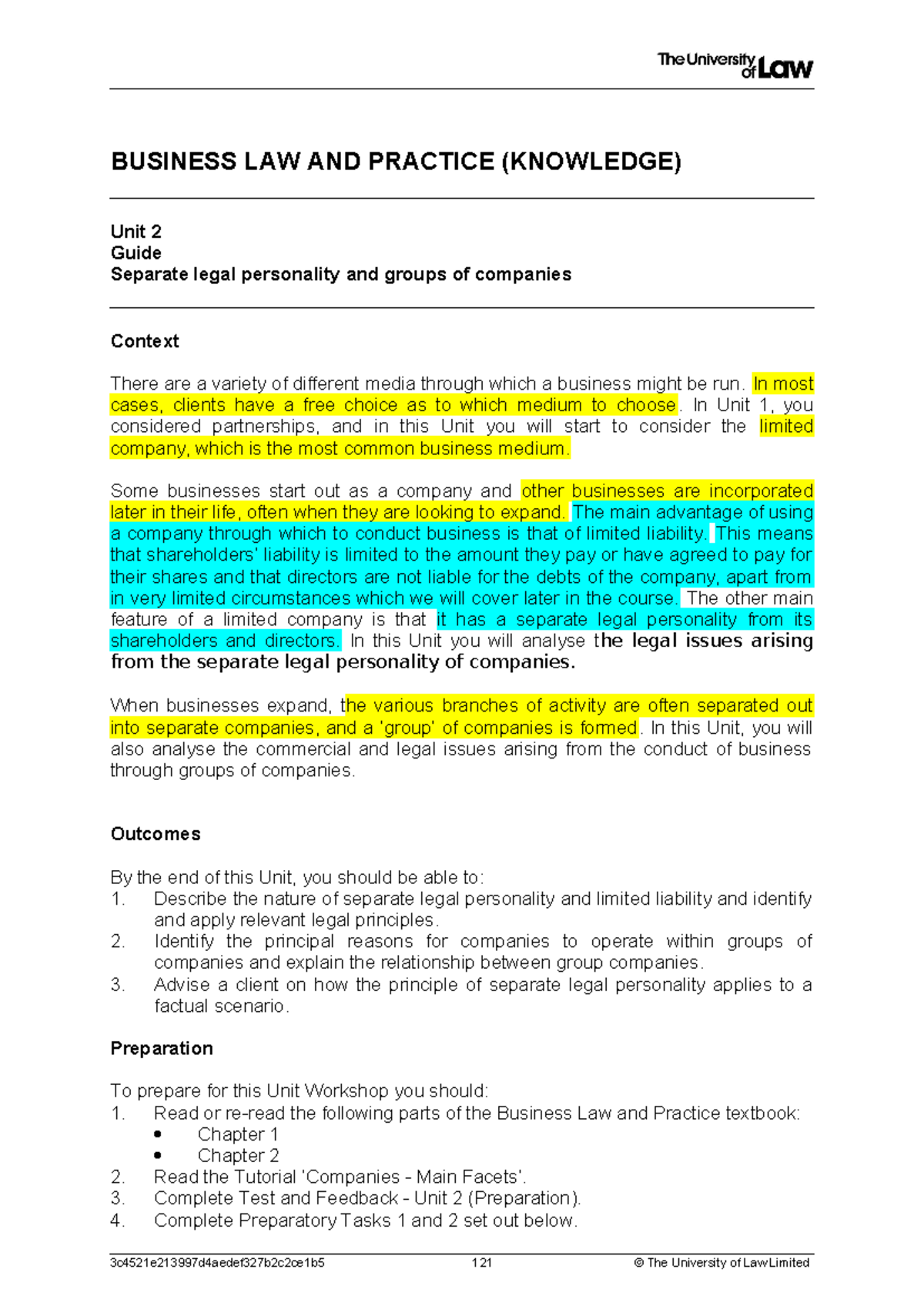 Workshop Guide - BUSINESS LAW AND PRACTICE (KNOWLEDGE) Unit 2 Guide ...