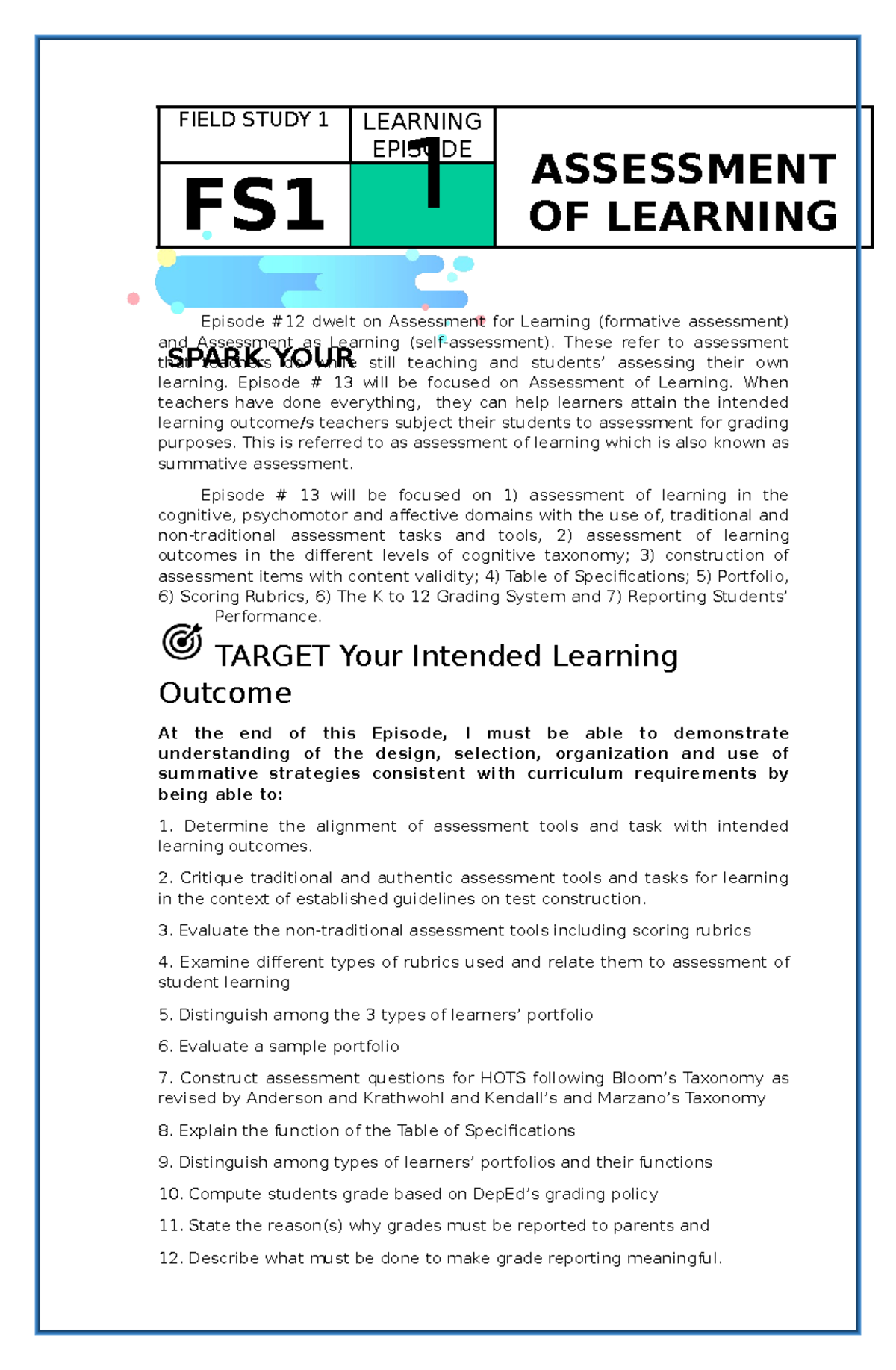 Learning Episode 13-16 - FIELD STUDY 1 LEARNING EPISODE ASSESSMENT FS1 OF LEARNING Episode #12 ...