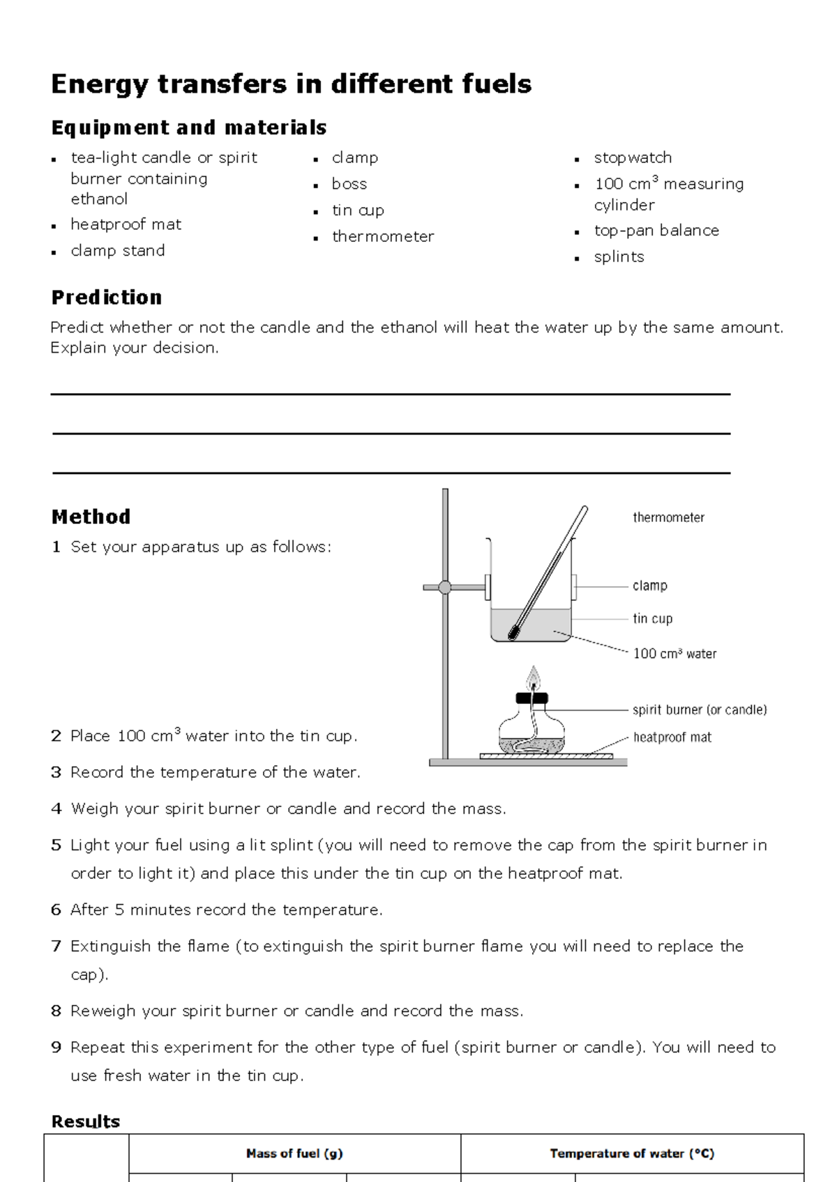 Combustion Experiment WS - Energy transfers in different fuels ...