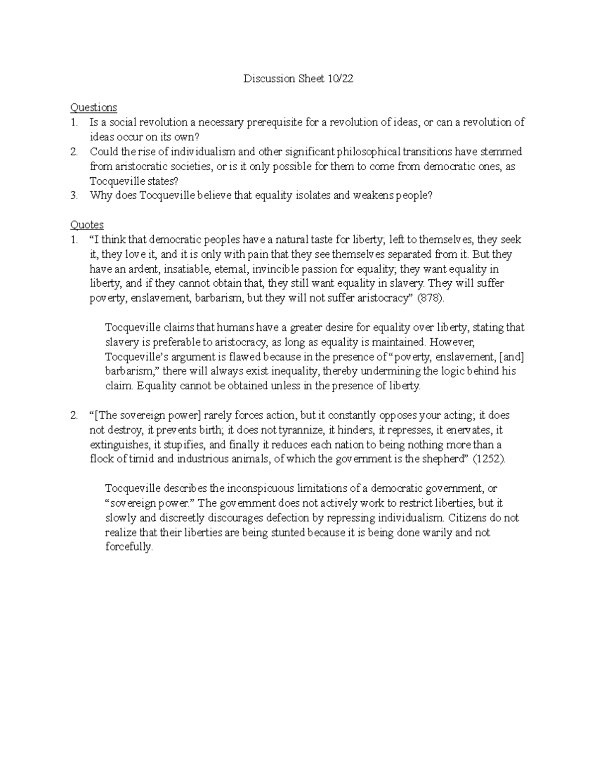 "Democracy in America" Discussion Sheet 10:22 - Discussion Sheet 10 ...