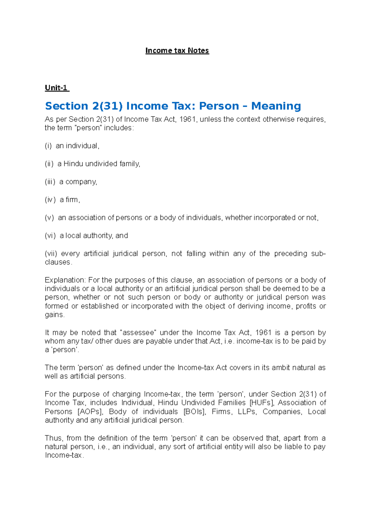 Income tax Notes- BBA Vth SEM - Income tax Notes Unit- Section 2(31 ...
