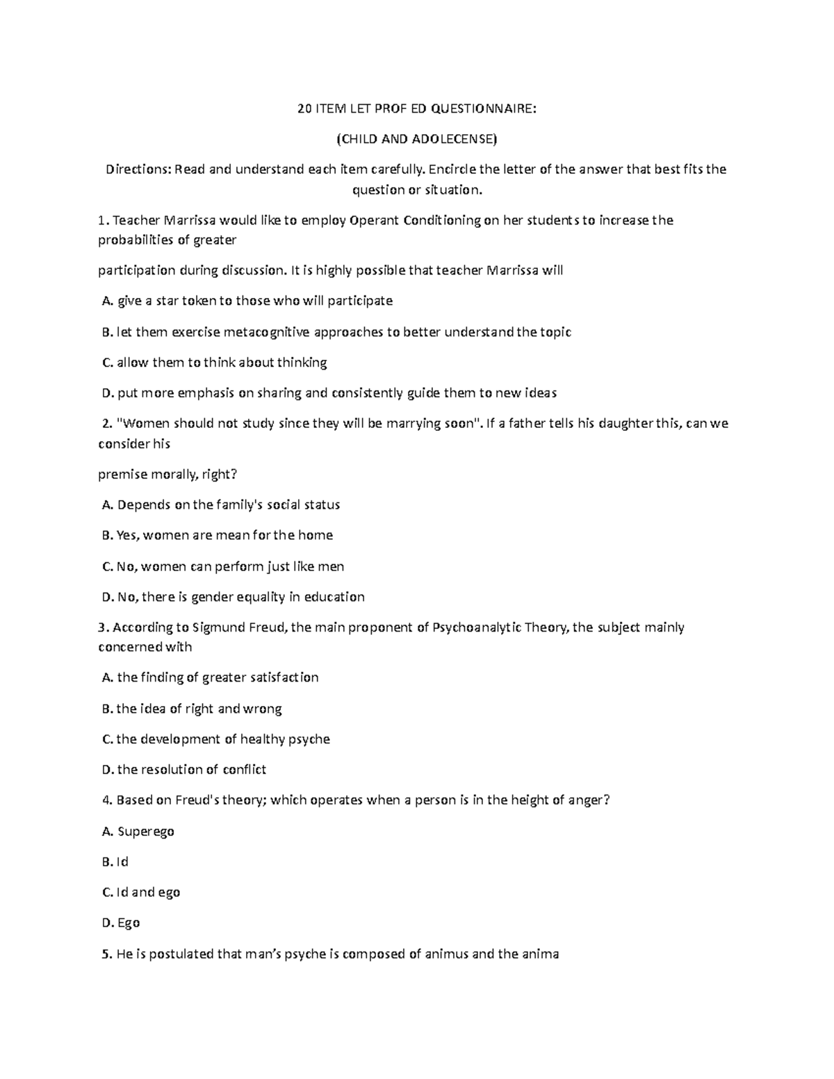 CHILD AND ADO;ESCENCE REVIEWER - 20 ITEM LET PROF ED QUESTIONNAIRE ...