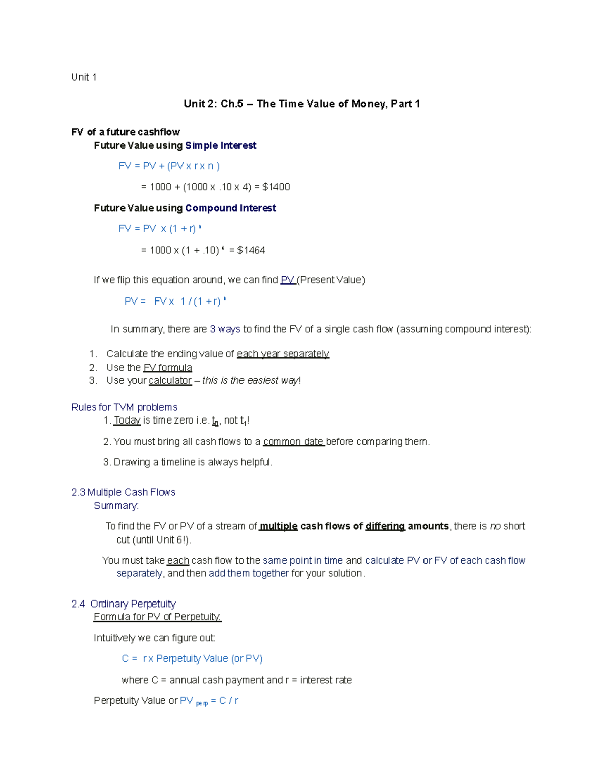 ADMS 3530 formulas for midterm - Unit 1 Unit 2: Ch – The Time Value of ...