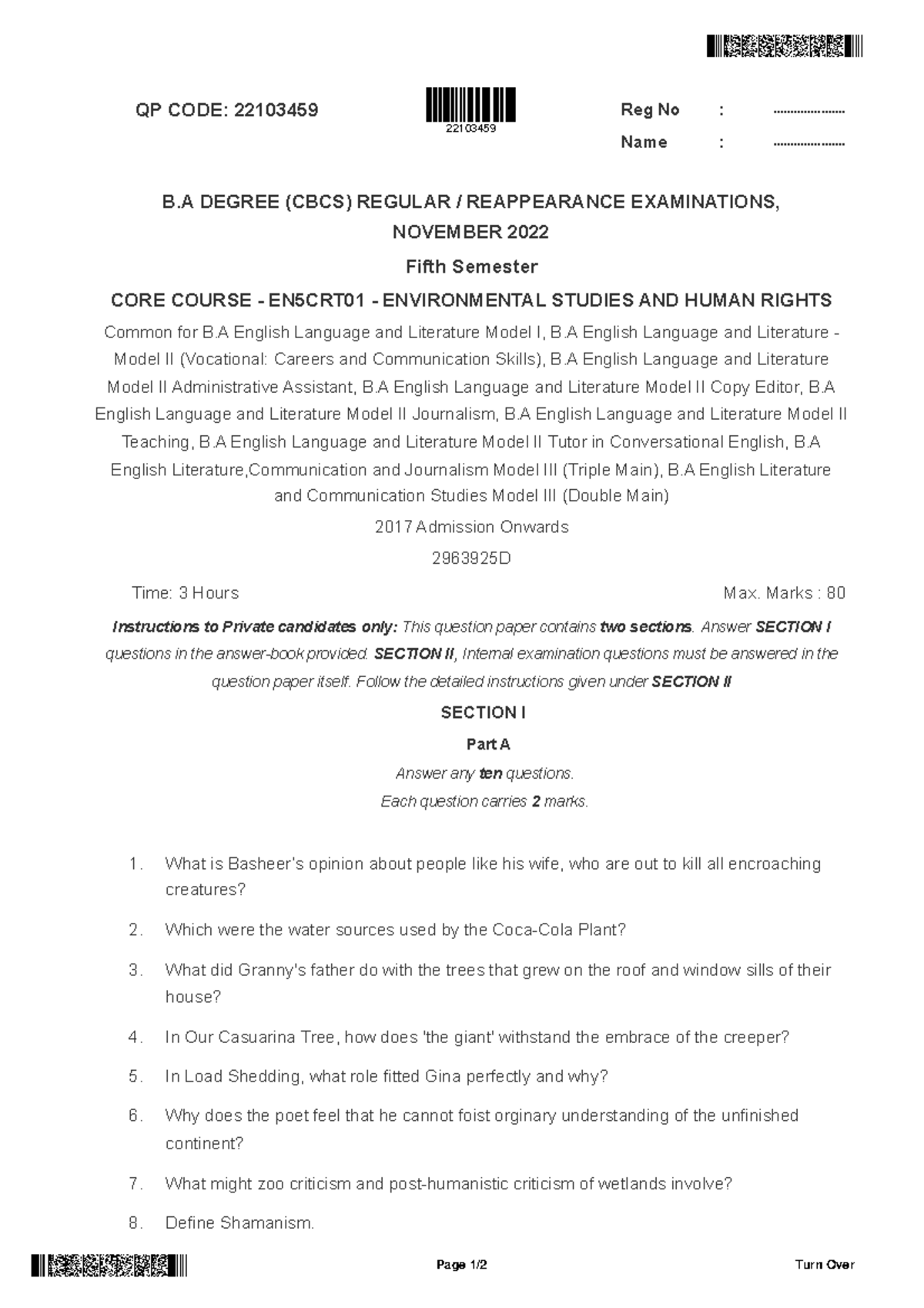 22 - question paper - QP CODE: 22103459 Reg No : ..................... Name ...