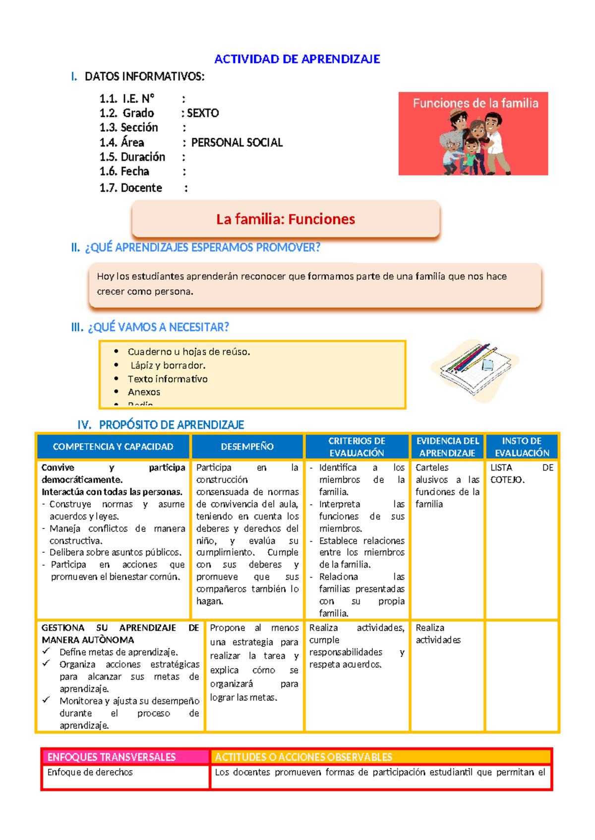 D1 A2 Sesion PS. La familia Funciones - ACTIVIDAD DE APRENDIZAJE I. DATOS INFORMATIVOS: 1. I. Nº ...