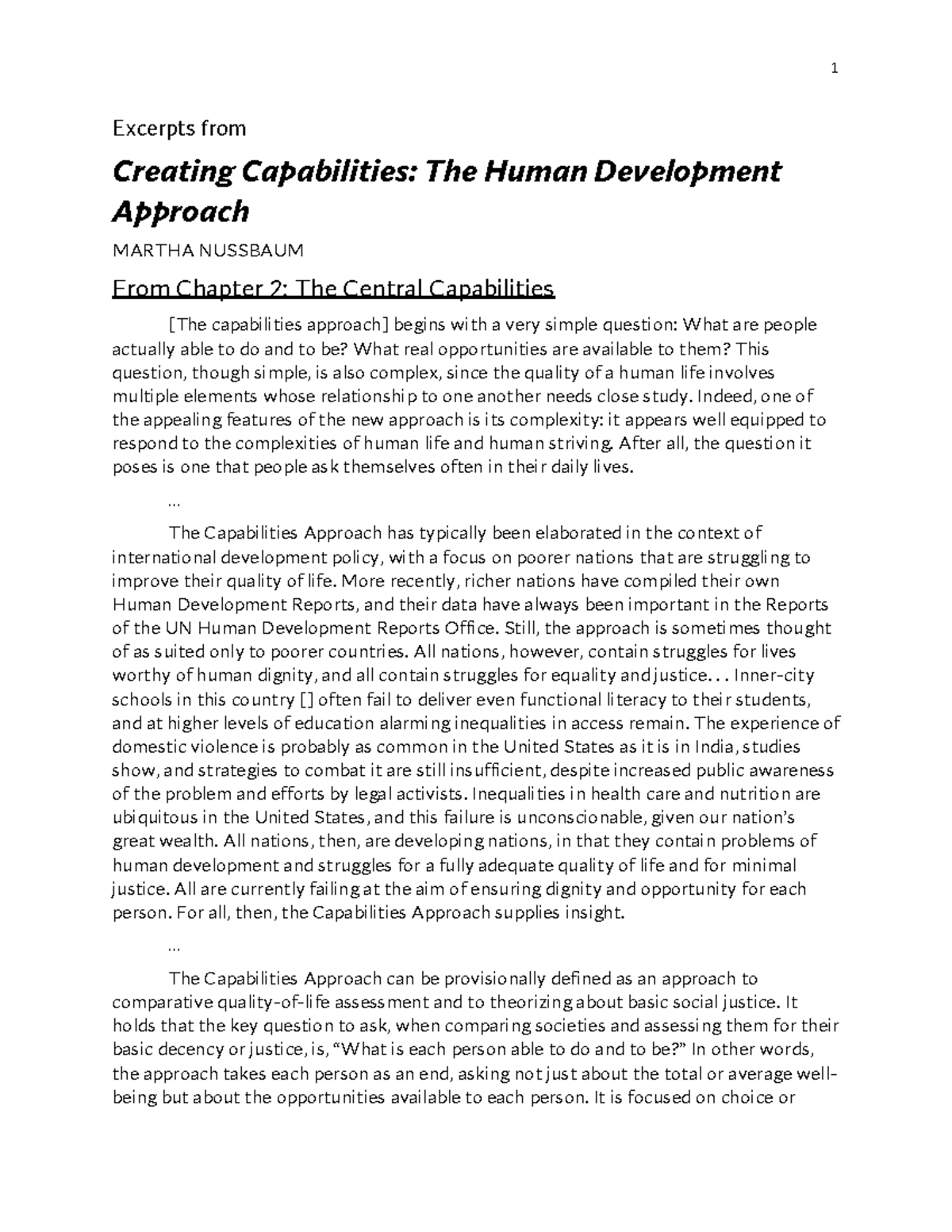 Class 2 readings - Creating Capabilities - Excerpts from Creating ...