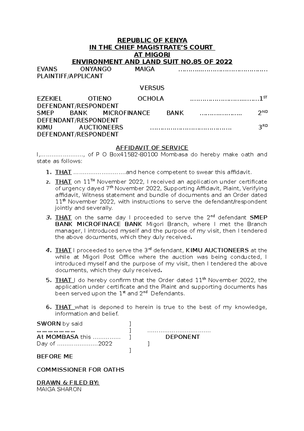 Affidavit OF Service Evans Maiga VS SMEP BANK LTD 23 - REPUBLIC OF ...