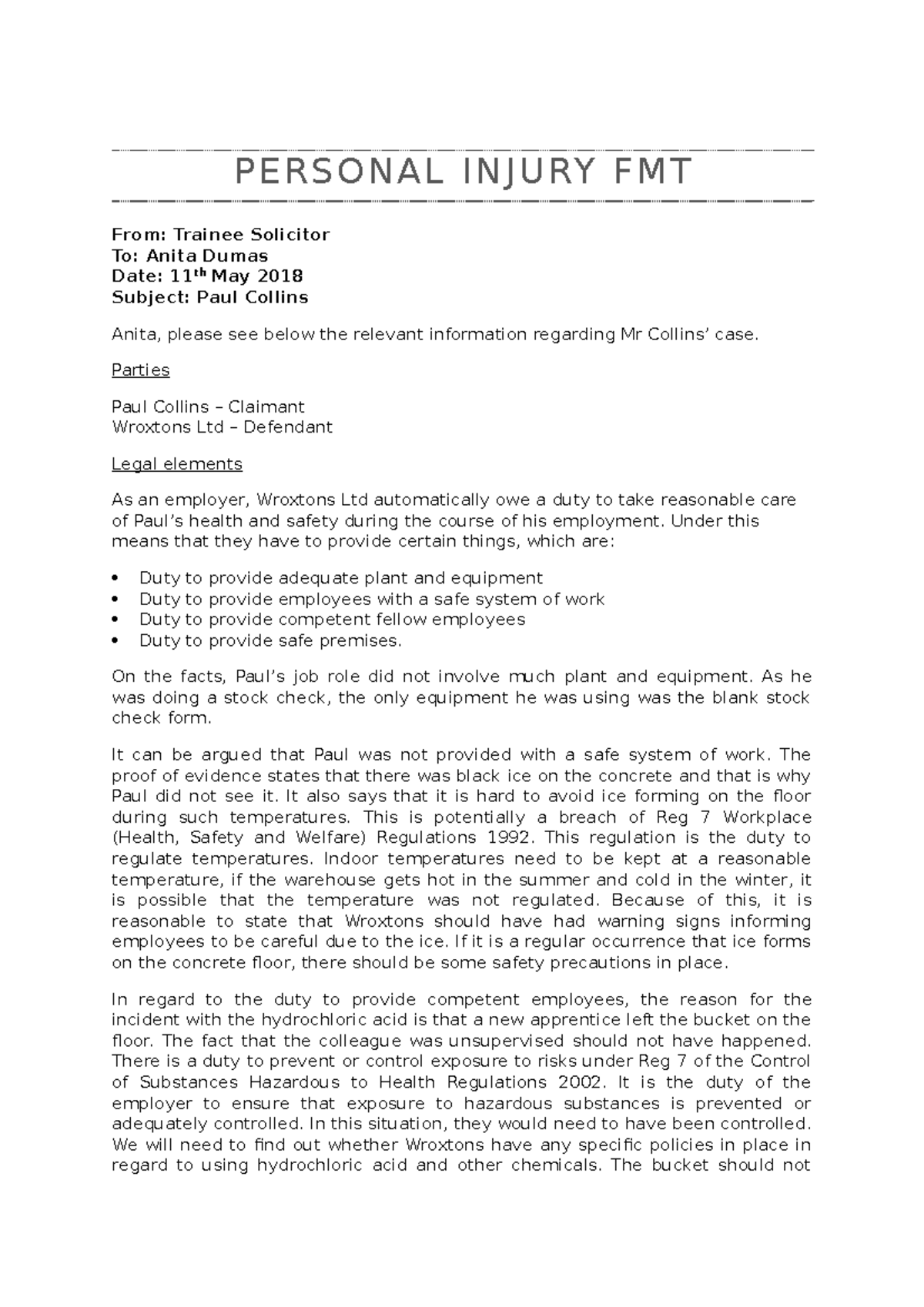 Personal Injury & Clinical Negligence FMT (File Management Task) 1 - P ...