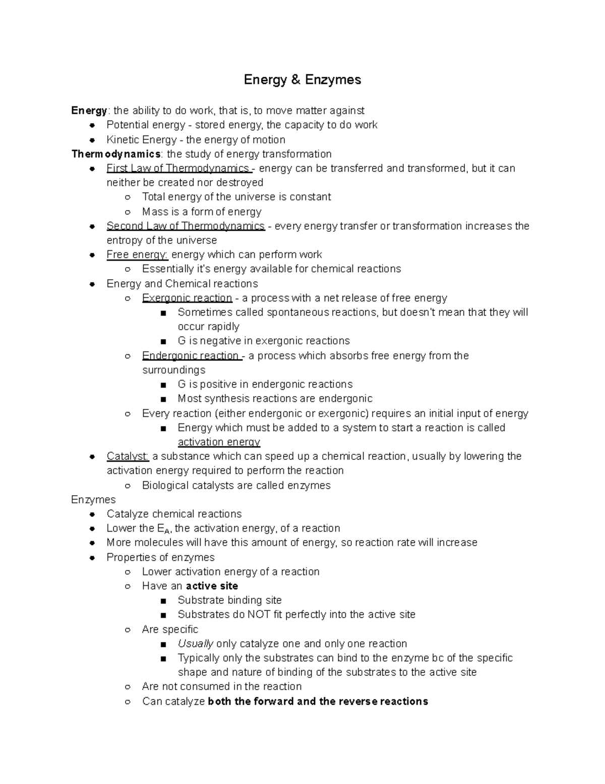 Unit 1 - Energy Enzymes - Energy & Enzymes Energy : the ability to do ...