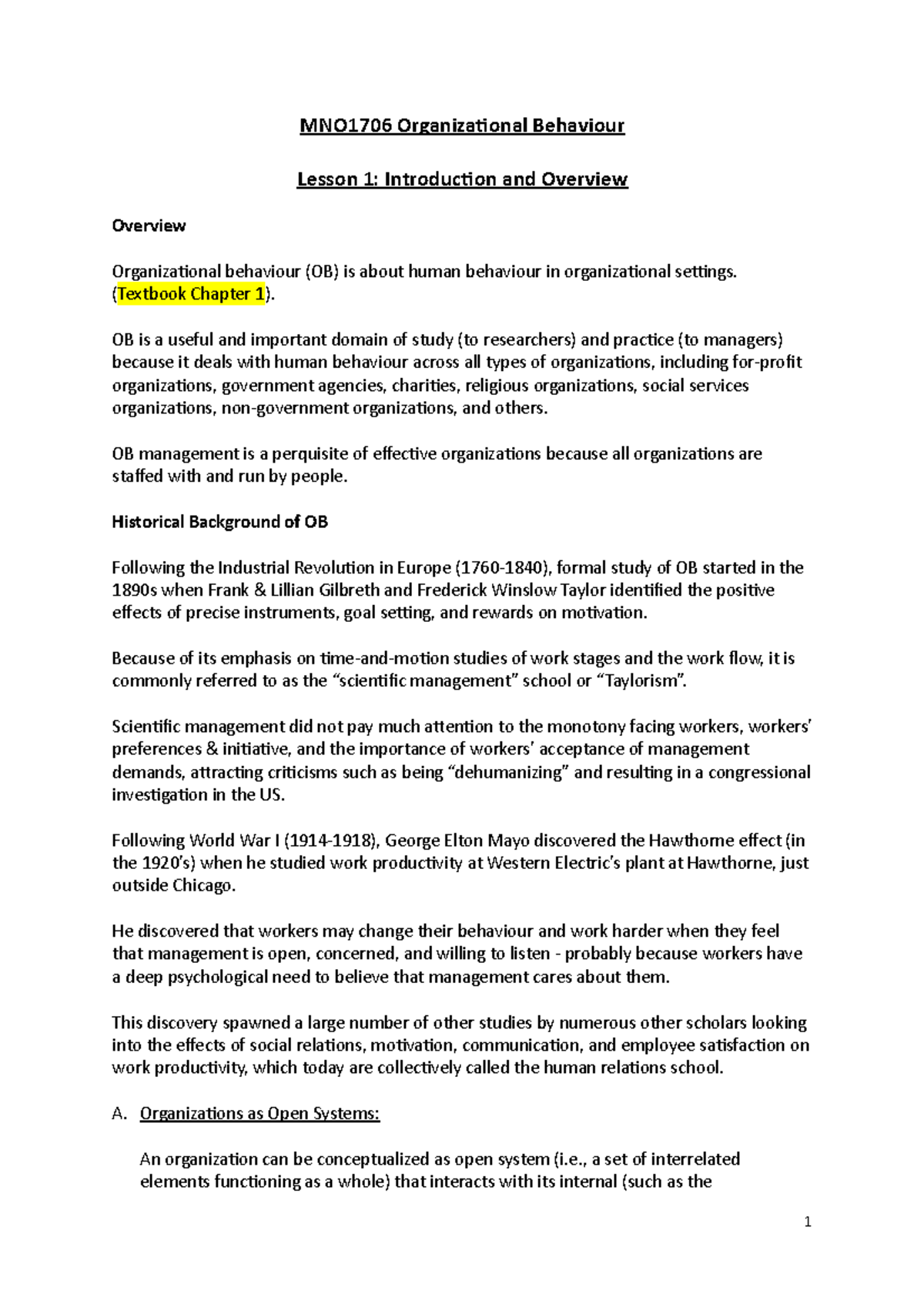 MNO1706 Organizational Behavior Lesson 1 Transcript - MNO1706 ...