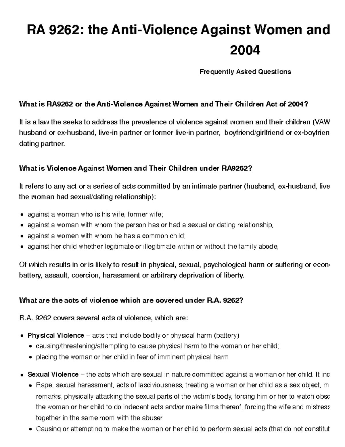 FAQs RA 9262 - FREQUENTLY ASKED QUESTIONS ON REPUBLIC ACT 9262 - RA ...