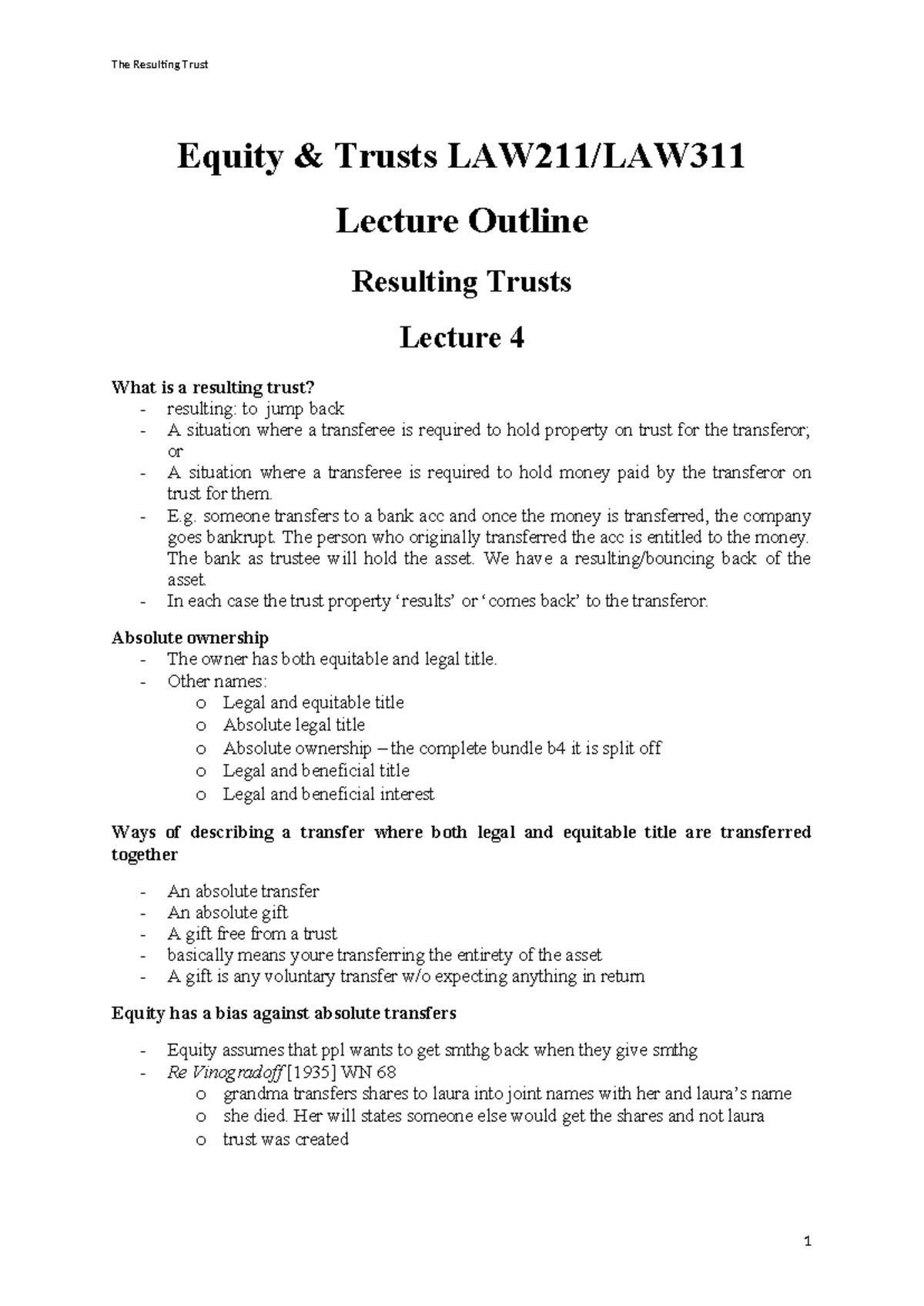 Resulting Trust - Equity & Trusts LAW211/LAW Lecture Outline Resulting ...
