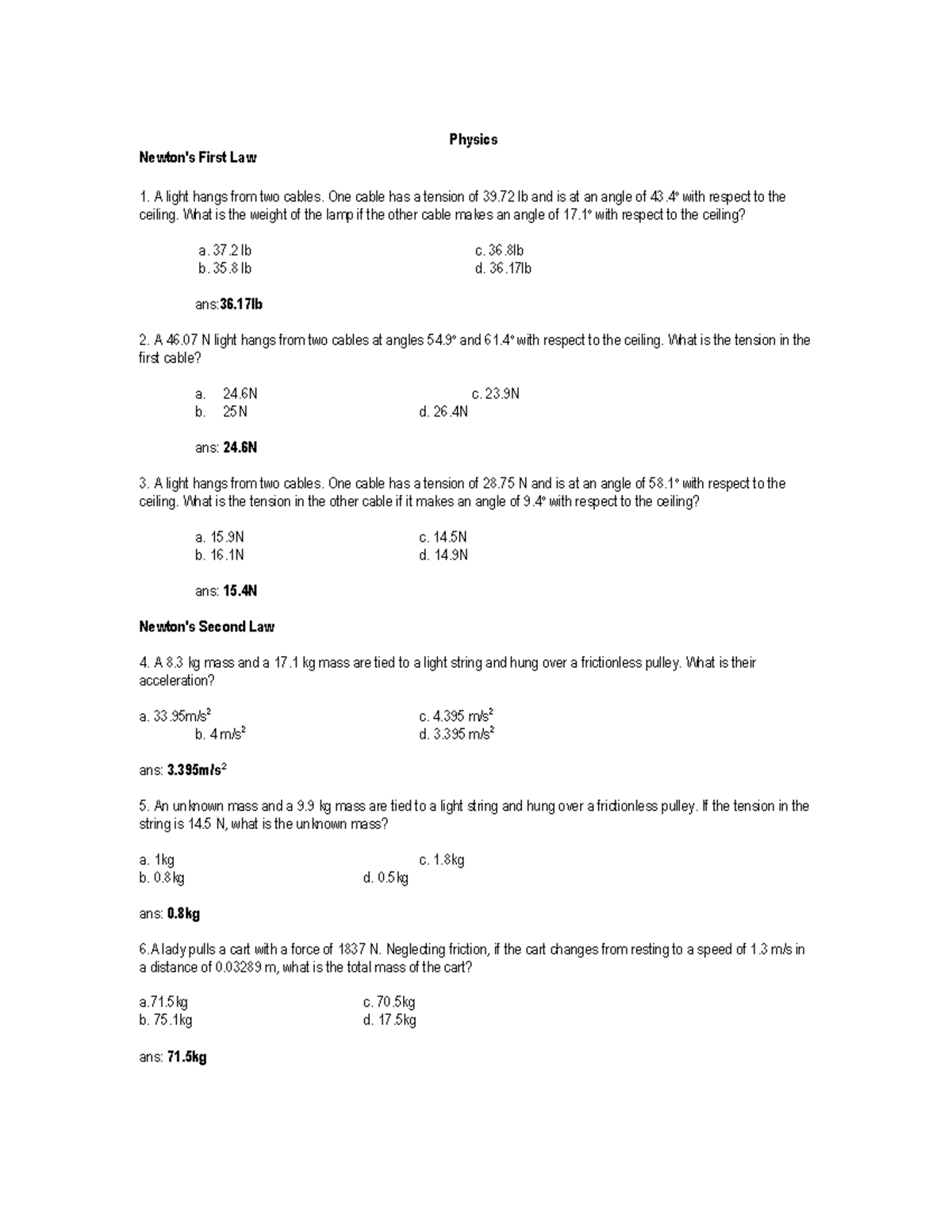 MCQ in Physics 2 - It helps - Physics Newton's First Law A light hangs ...