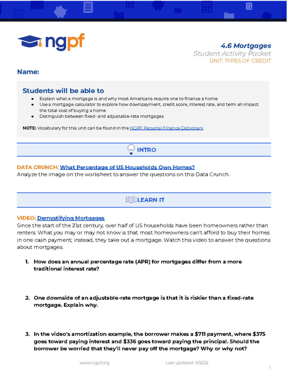 4 - Idk man - 4 Mortgages Student Activity Packet UNIT: TYPES OF CREDIT ...