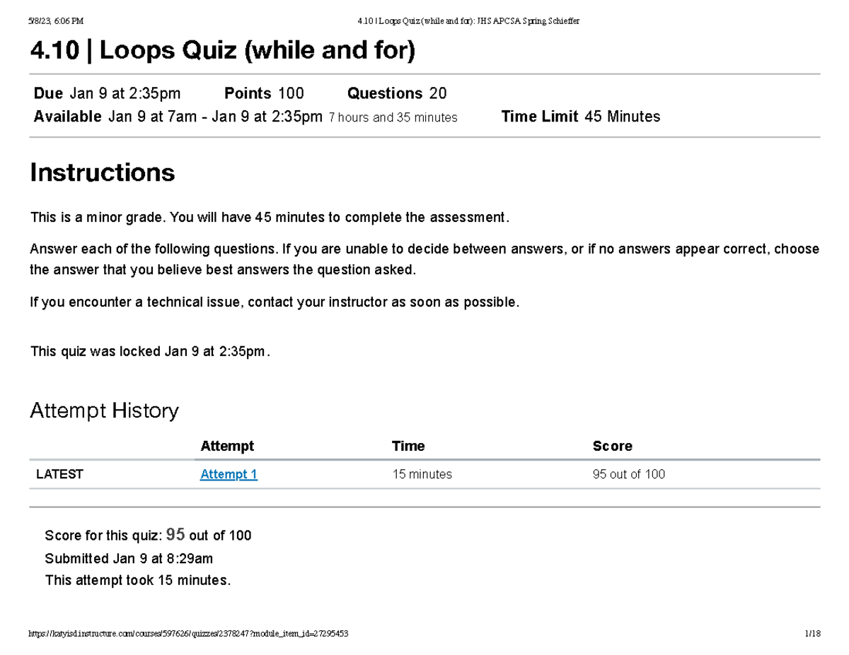 4.10 Loops Quiz (while and for) JHS Apcsa Spring Schieffer - 4 | Loops Quiz (while and for) Due ...