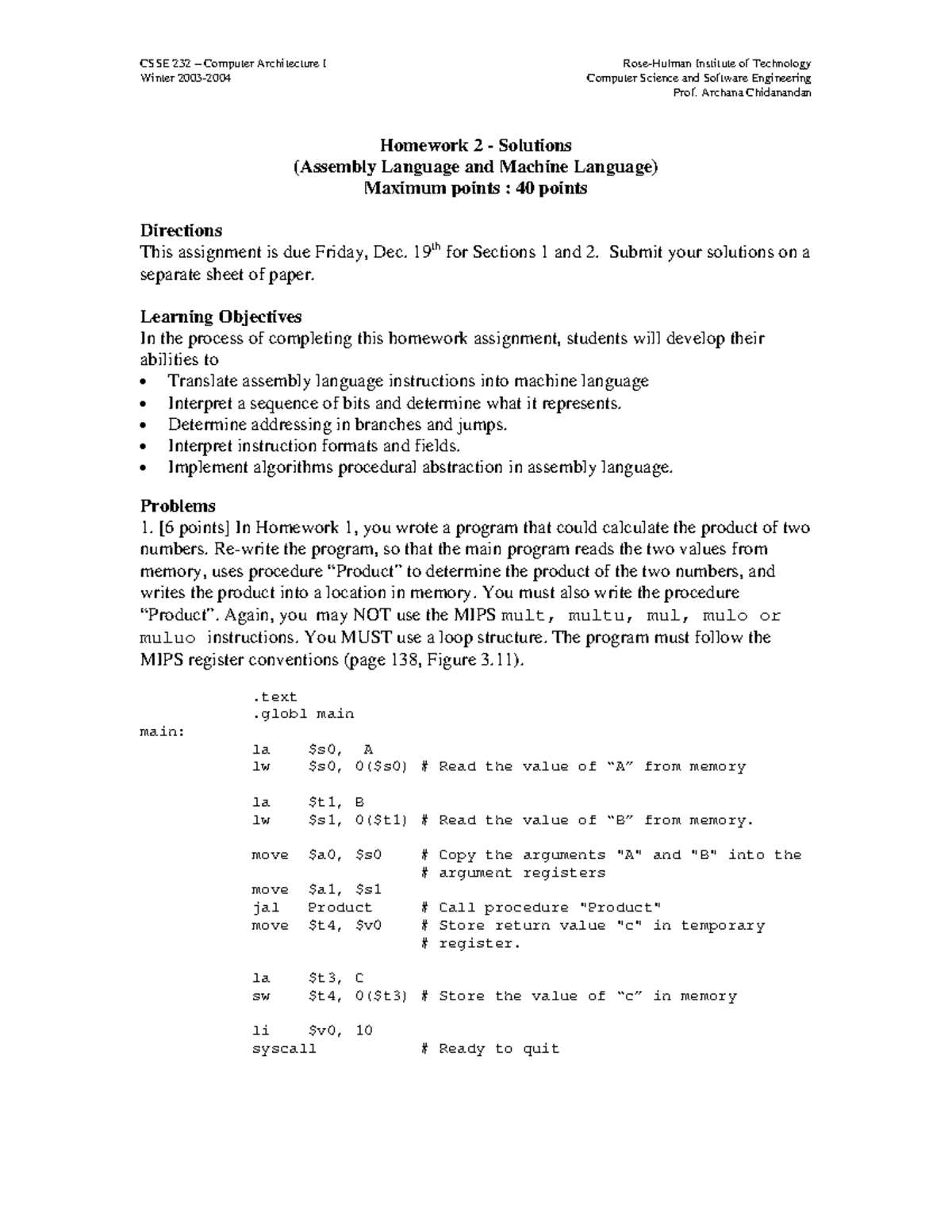 0304b HW2-solns - Architecture - Winter 2003-2004 Computer Science and Software Engineering Prof ...