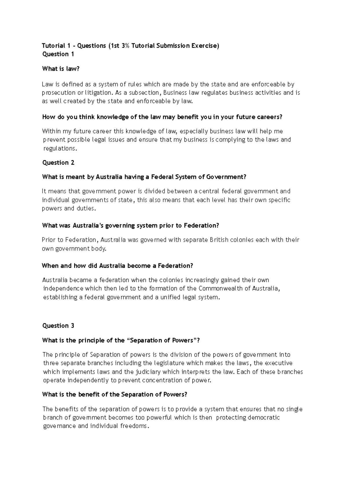 Tutorial Submission 1 - As a subsection, Business law regulates ...