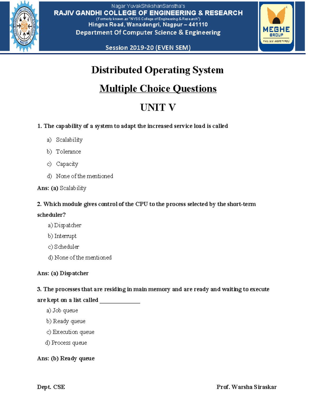 Dos 5 mcq - dos mcq on distributed scheduling Distributed Scheduling ...