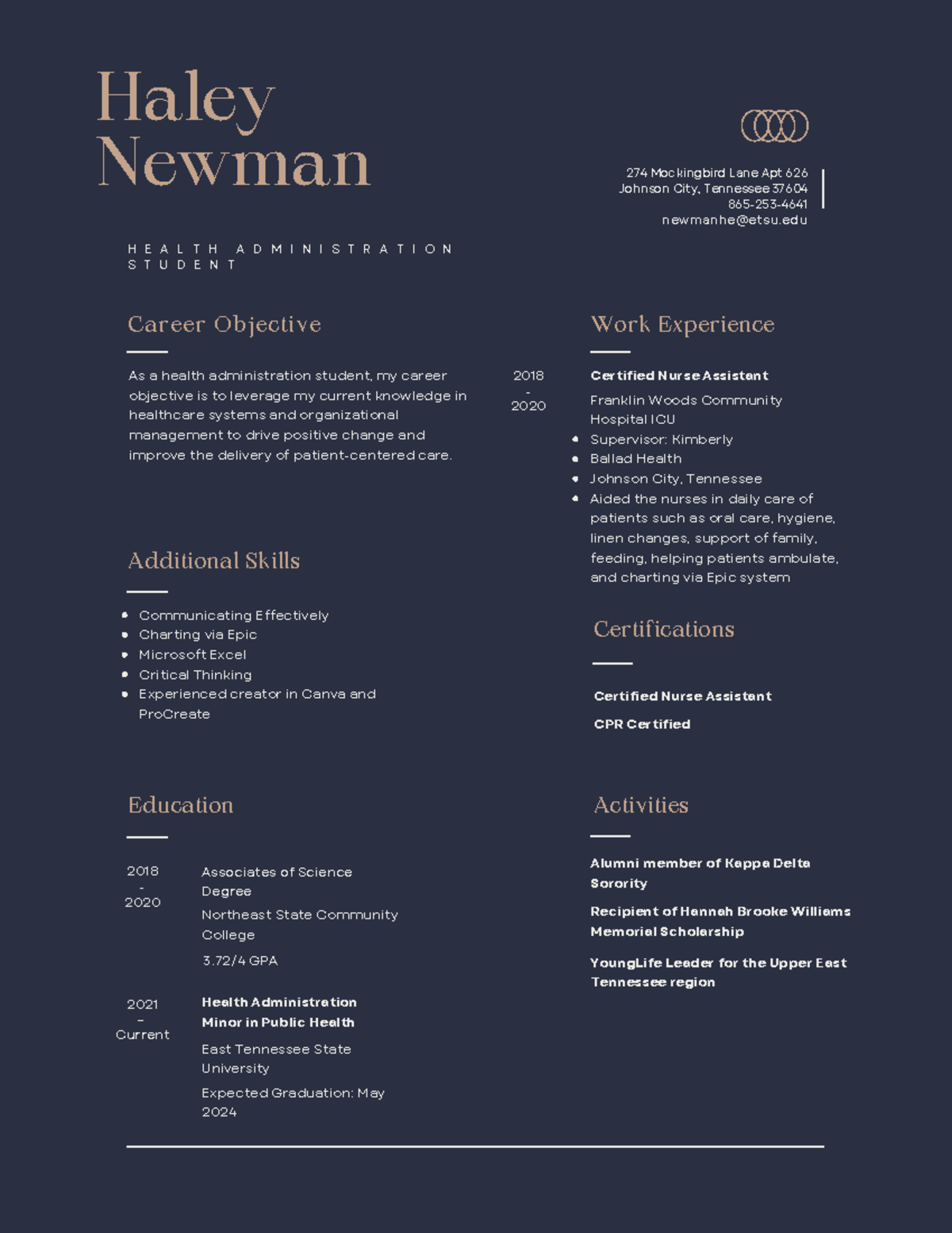 Resume Assignment Example - H E A L T H A D M I N I S T R A T I O N S T ...
