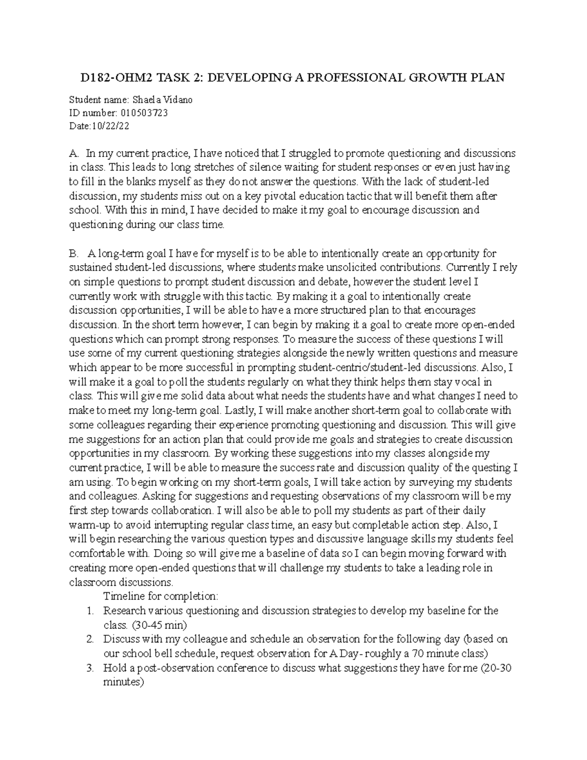 D182 Task 2 - passed - D182-OHM2 TASK 2: DEVELOPING A PROFESSIONAL ...