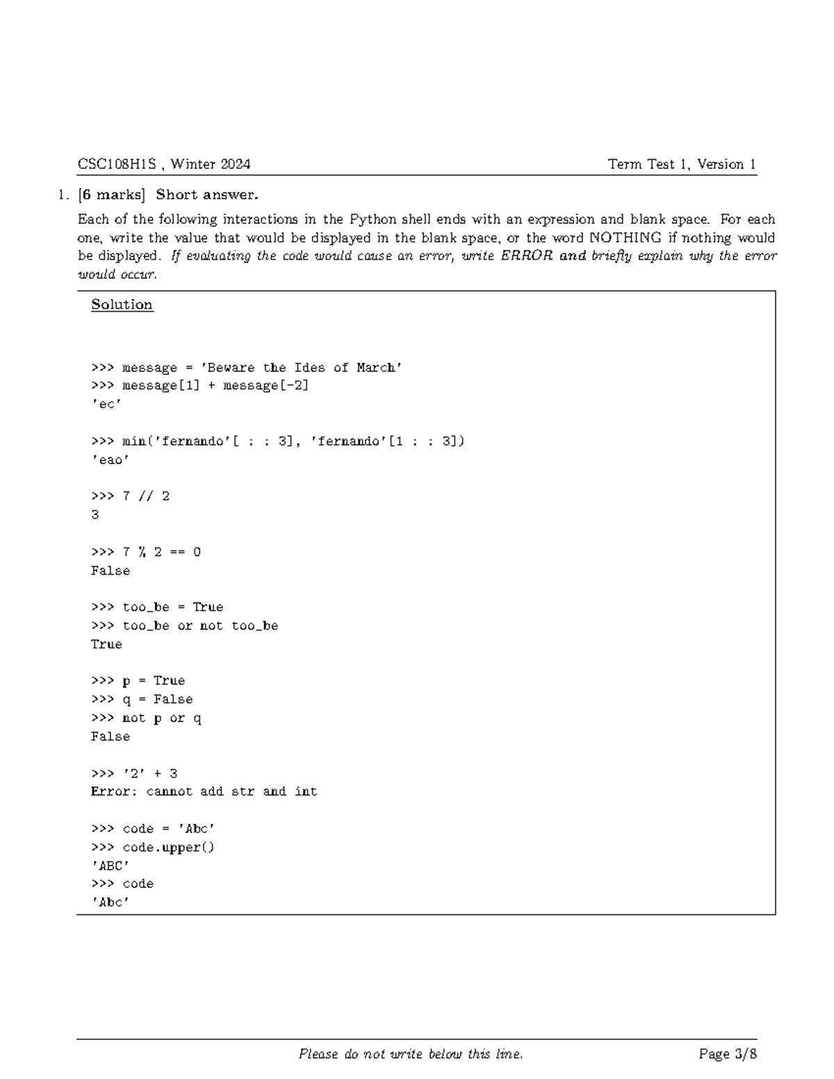term test 1 solutions - [6 marks] Short answer. Each of the following ...