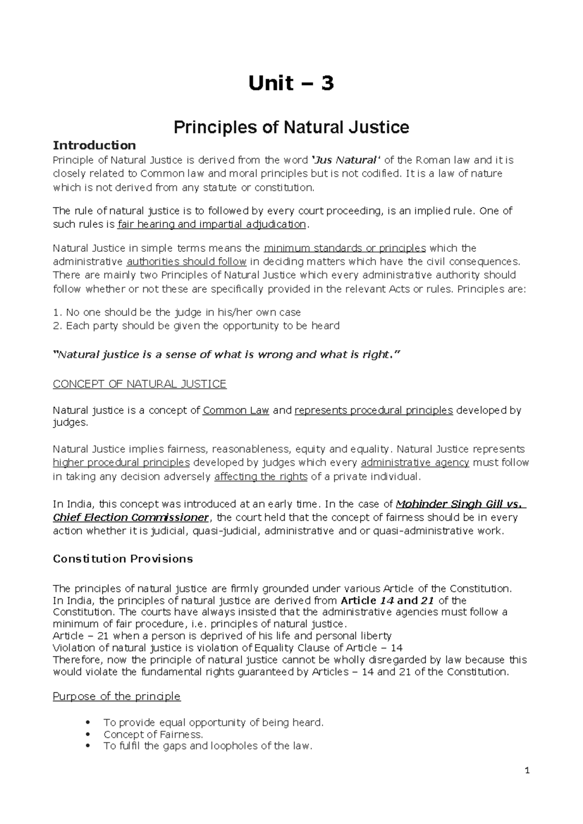 Unit - 3 - Unit – 3 Principles of Natural Justice Introduction ...