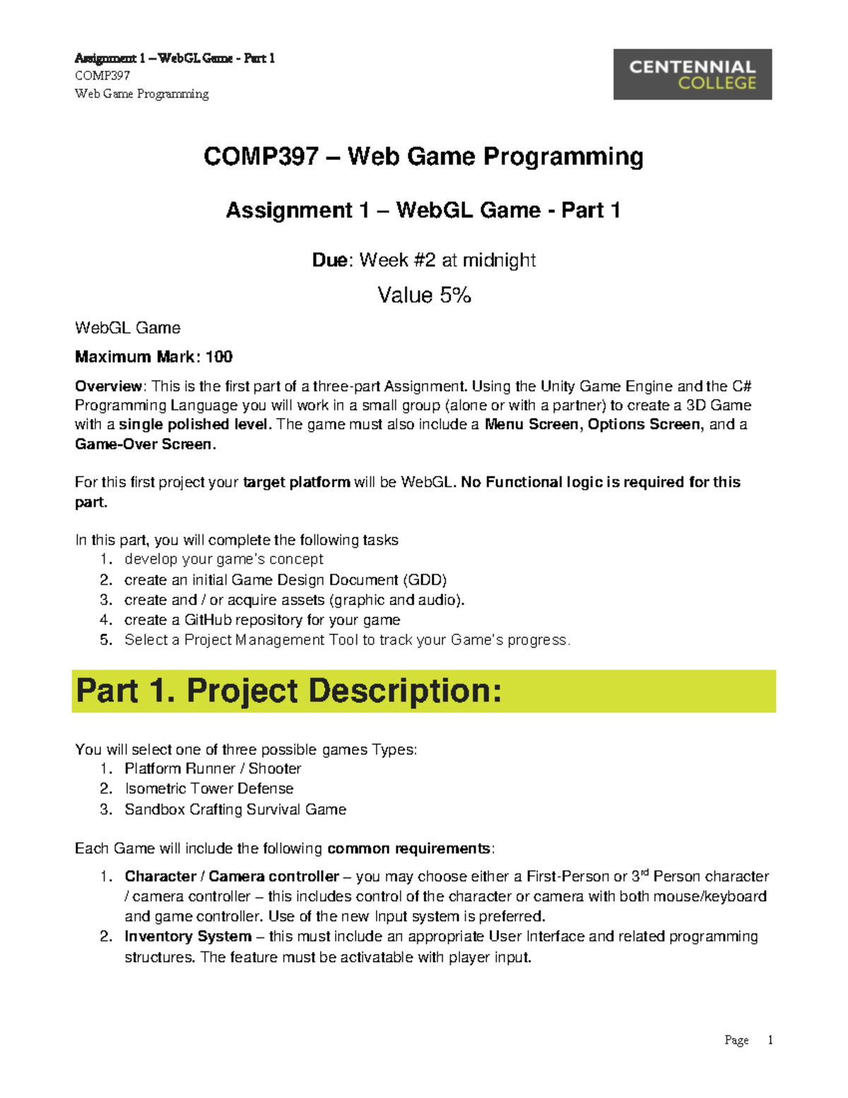 Assignment 1 – Web GL Game - Part 1 - COMP Web Game Programming COMP397 ...