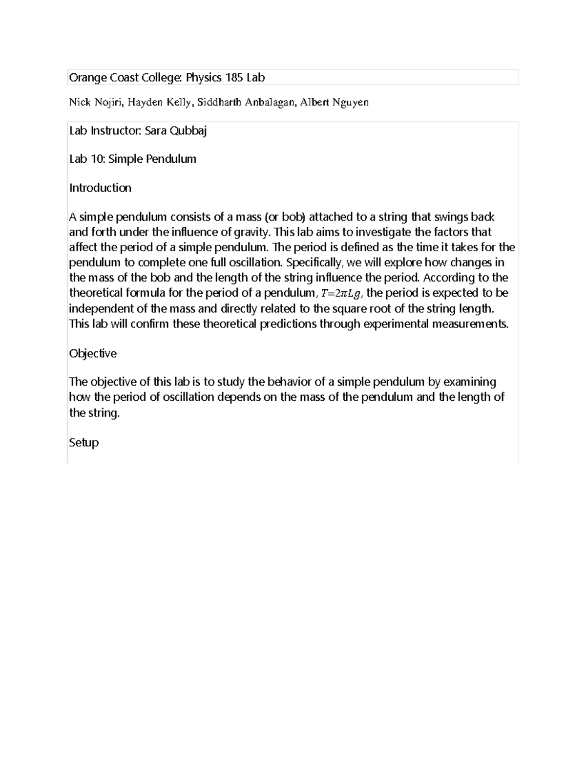 Lab 10 - lab work - Orange Coast College: Physics 185 Lab Nick Nojiri ...