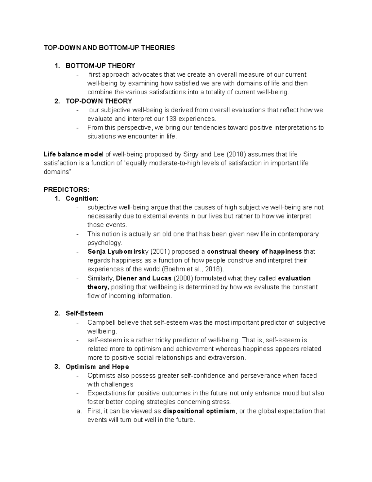 Subjective WELL- Being - TOP-DOWN AND BOTTOM-UP THEORIES 1. BOTTOM-UP ...