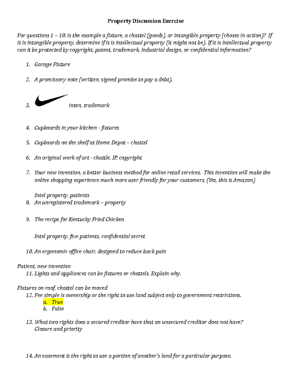 Property Discussion Exercise - If it is intellectual property can it be ...