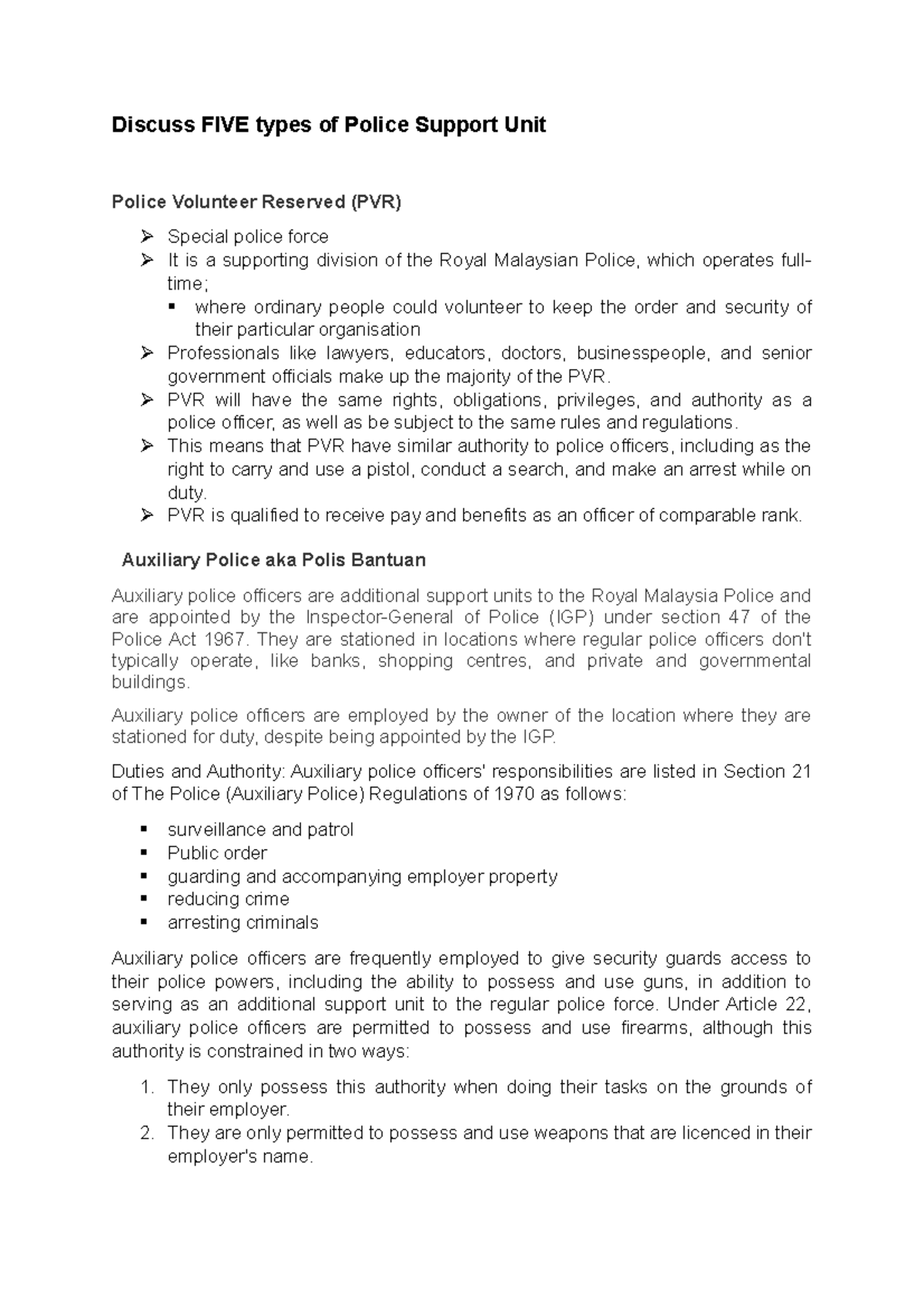 Assignnit - need to work - Discuss FIVE types of Police Support Unit ...