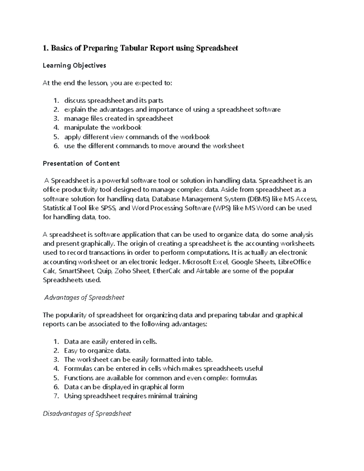 1 - Lecture - 1. Basics of Preparing Tabular Report using Spreadsheet ...