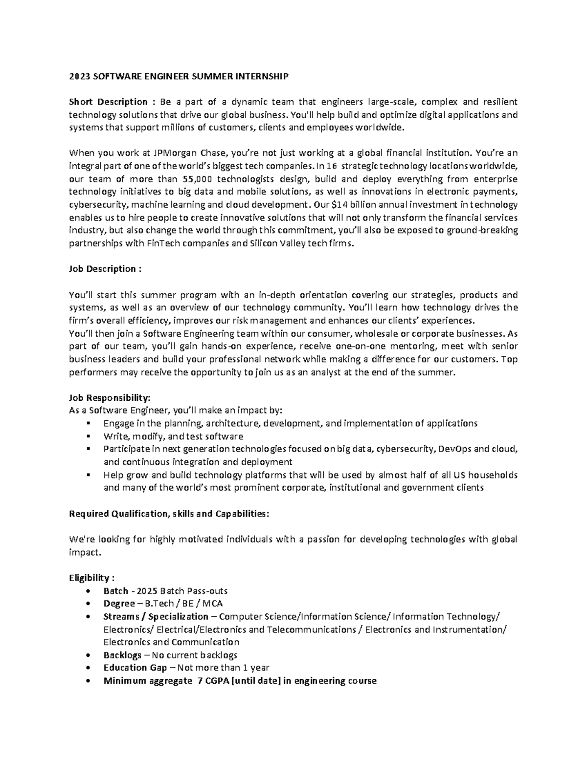 JD - Software Engineer Progran - Code for Good - Intern - 2023 SOFTWARE ENGINEER SUMMER ...