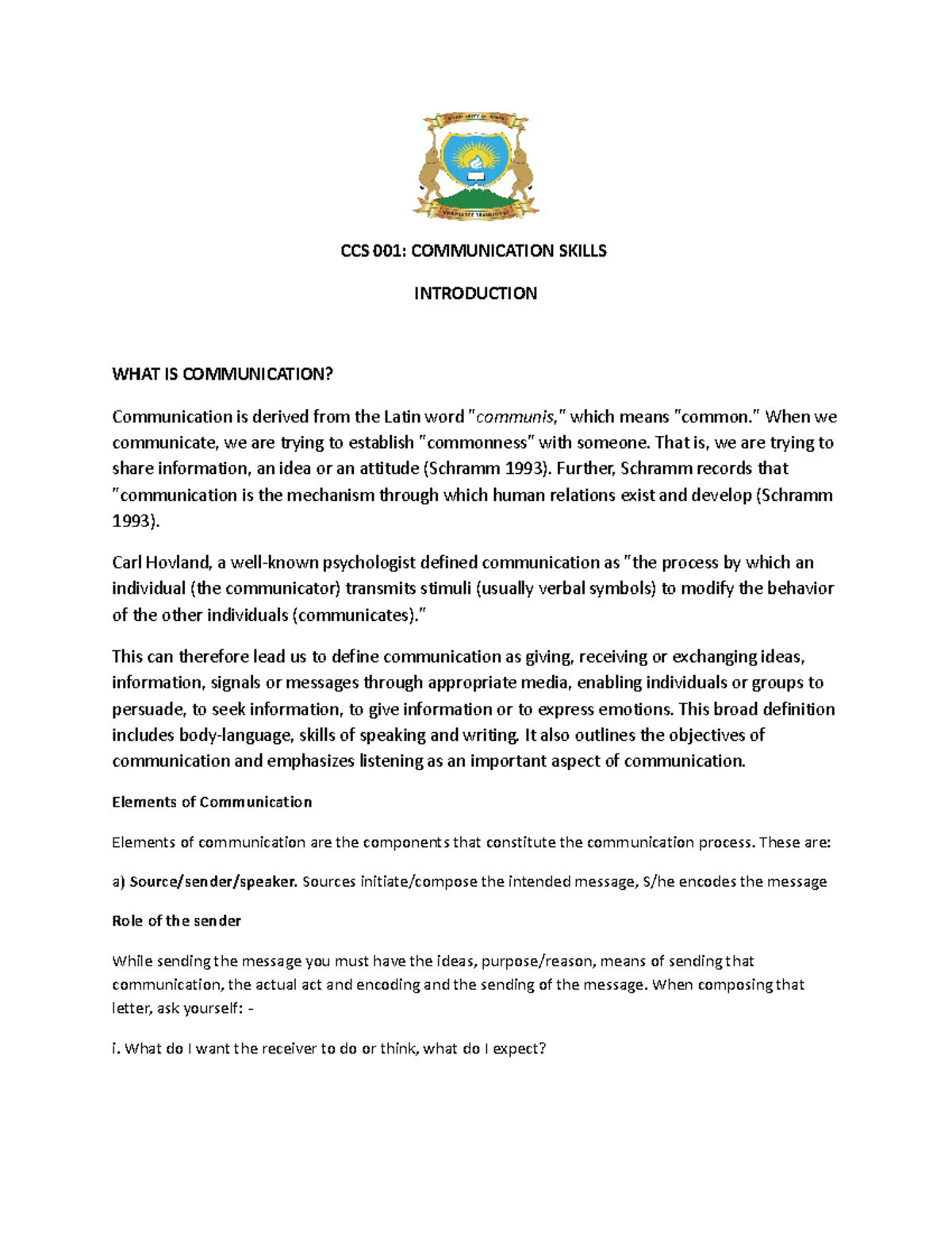 Lecture 1 Notes - CCS 001: COMMUNICATION SKILLS INTRODUCTION WHAT IS ...