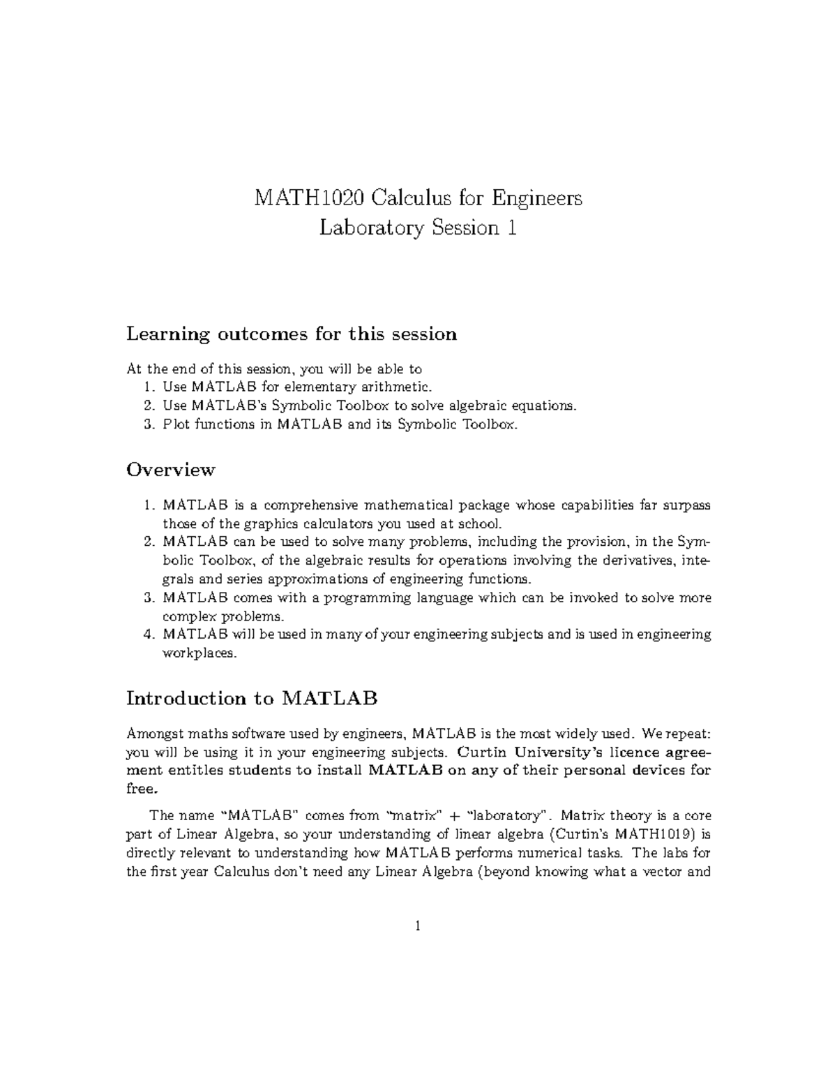 MATH1020 Lab 1 - Lab work week 1 - MATH1020 Calculus for Engineers ...