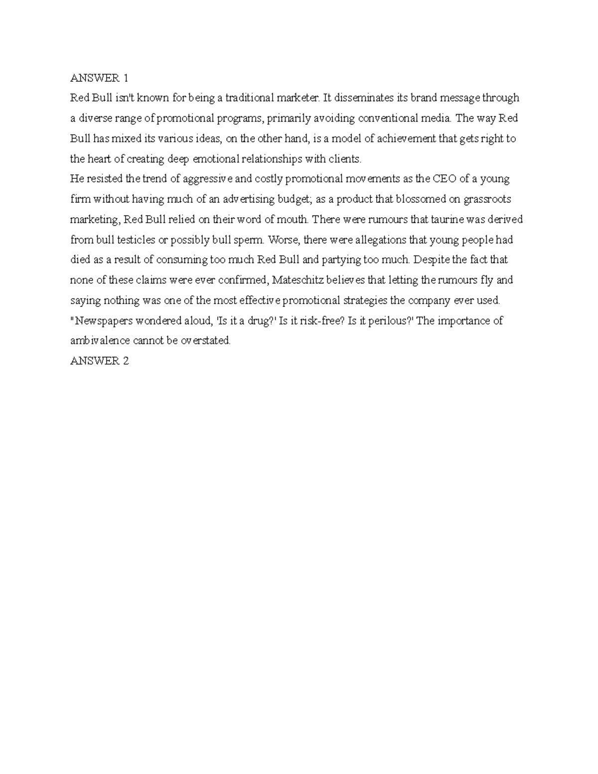 AEM QUIZ 1 - This was assignment on marketing - ANSWER 1 Red Bull isn't known for being a - Studocu