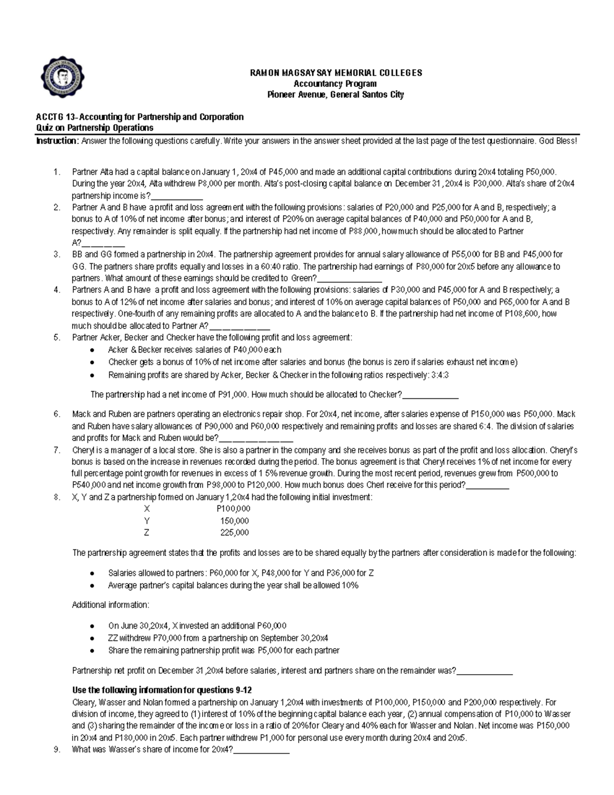 Acctg-13 -Quiz-on-Partnership-Operations Answer-Key - RAMON MAGSAYSAY ...
