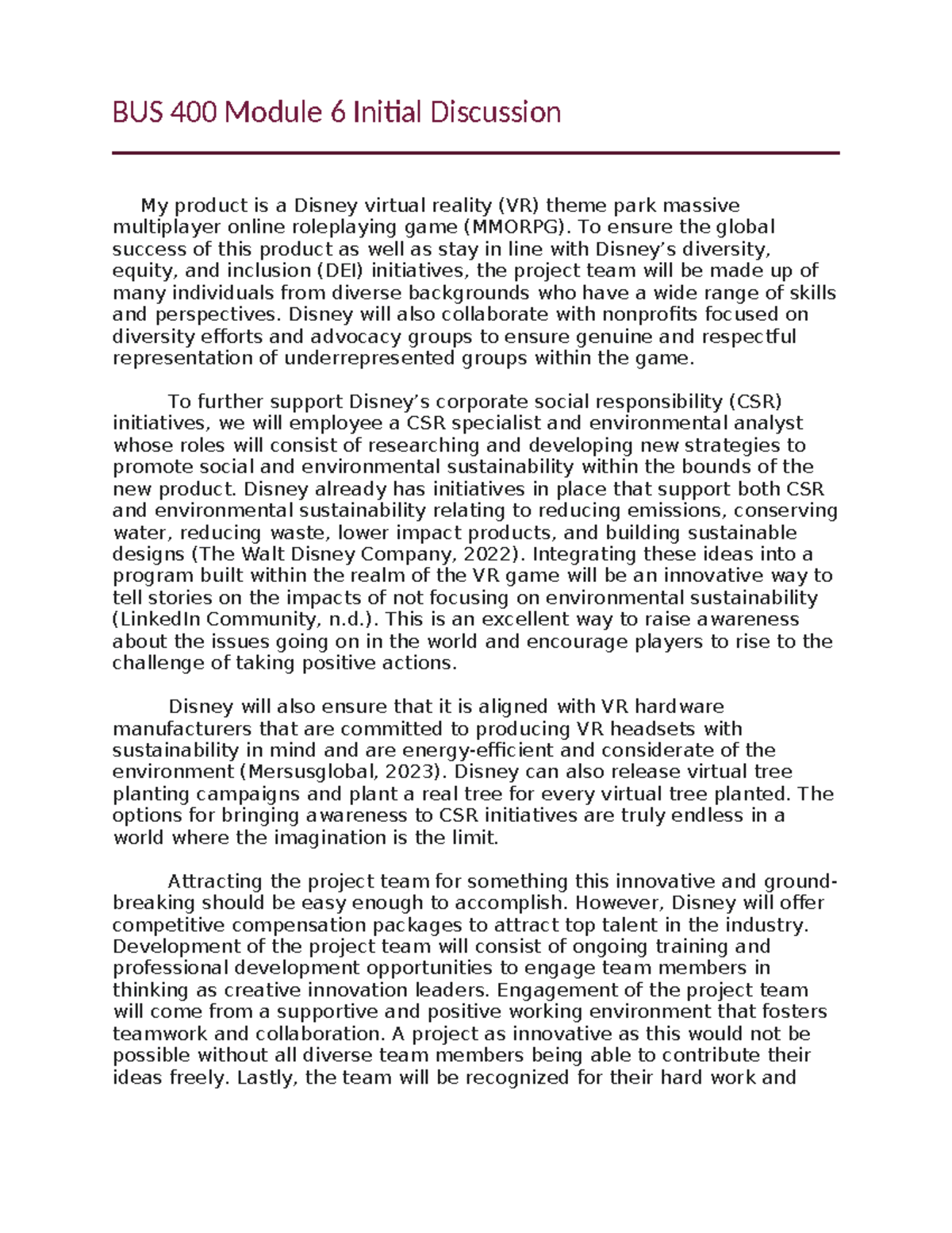 BUS 400 Module Six Discussion Notes - BUS 400 Module 6 Initial ...